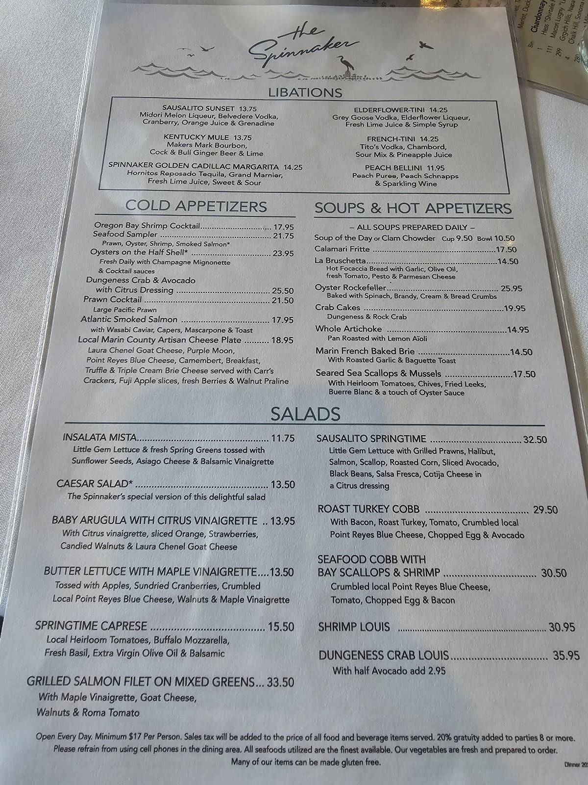Menu at The Spinnaker pub & bar, Sausalito