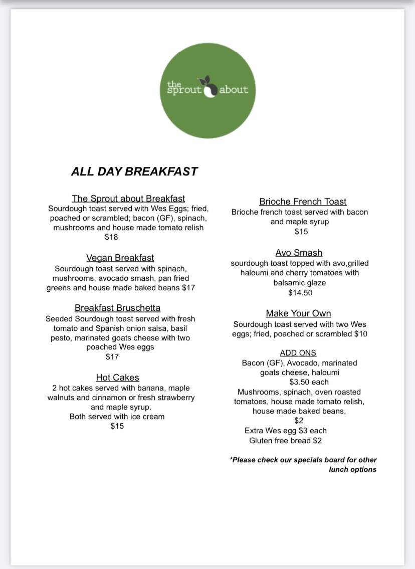 Menu at The Sprout About cafe, East Geelong