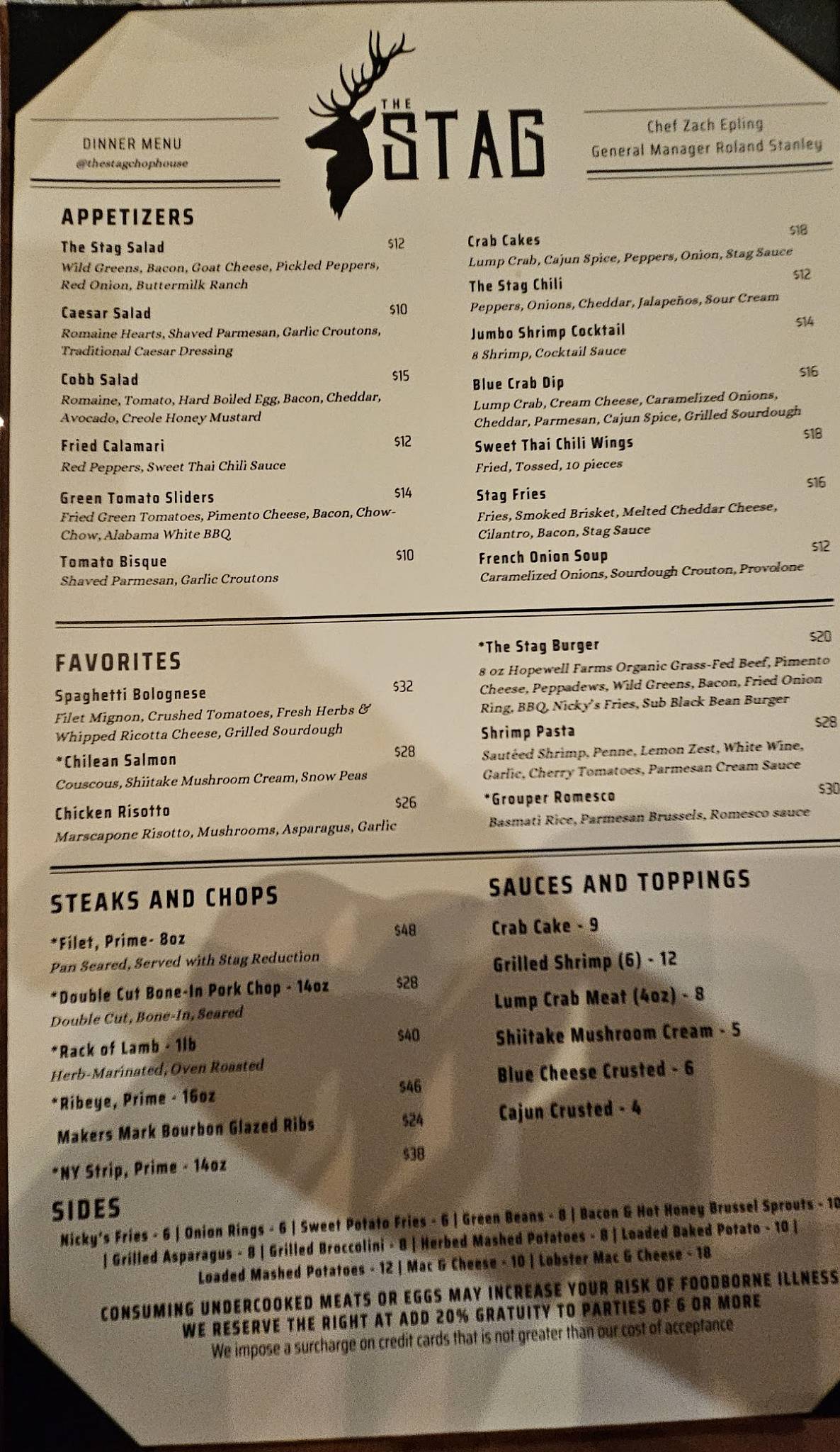 Menu at The Stag - Chophouse steakhouse, Gainesville