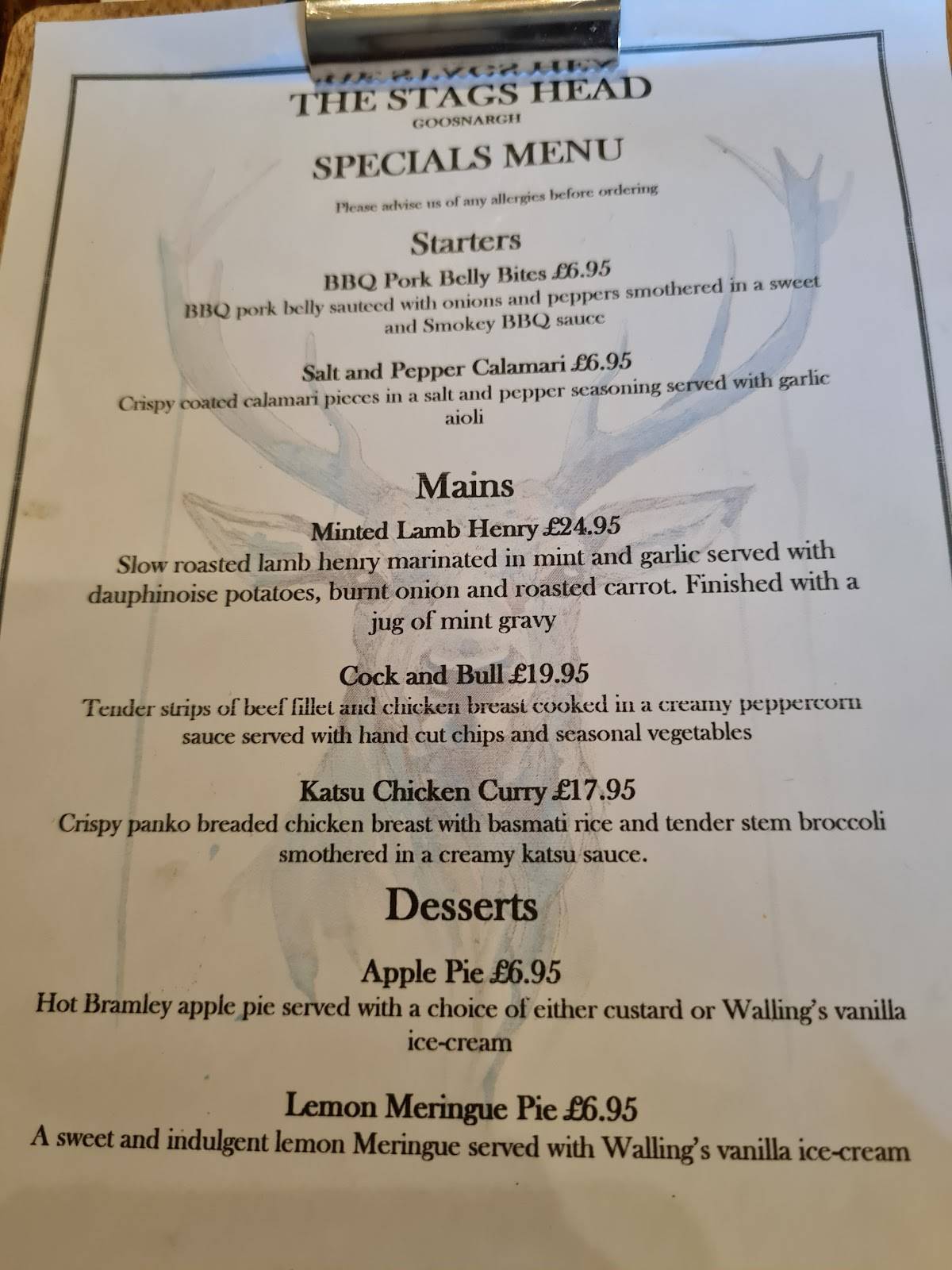 Menu At The Stags Head Pub And Bar Preston