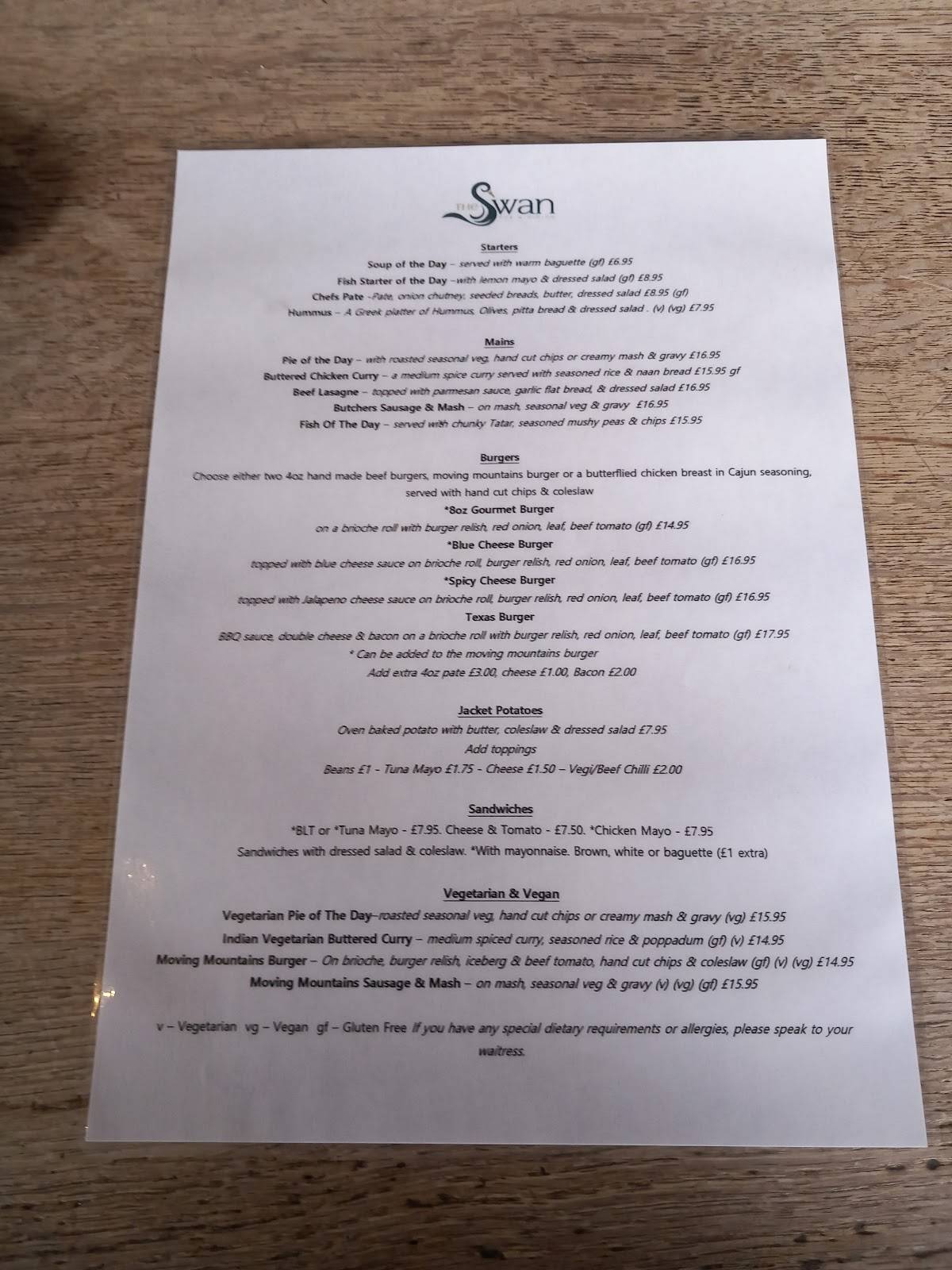 Menu at The Swan Inn Of Hoxne pub & bar, Eye, Low St