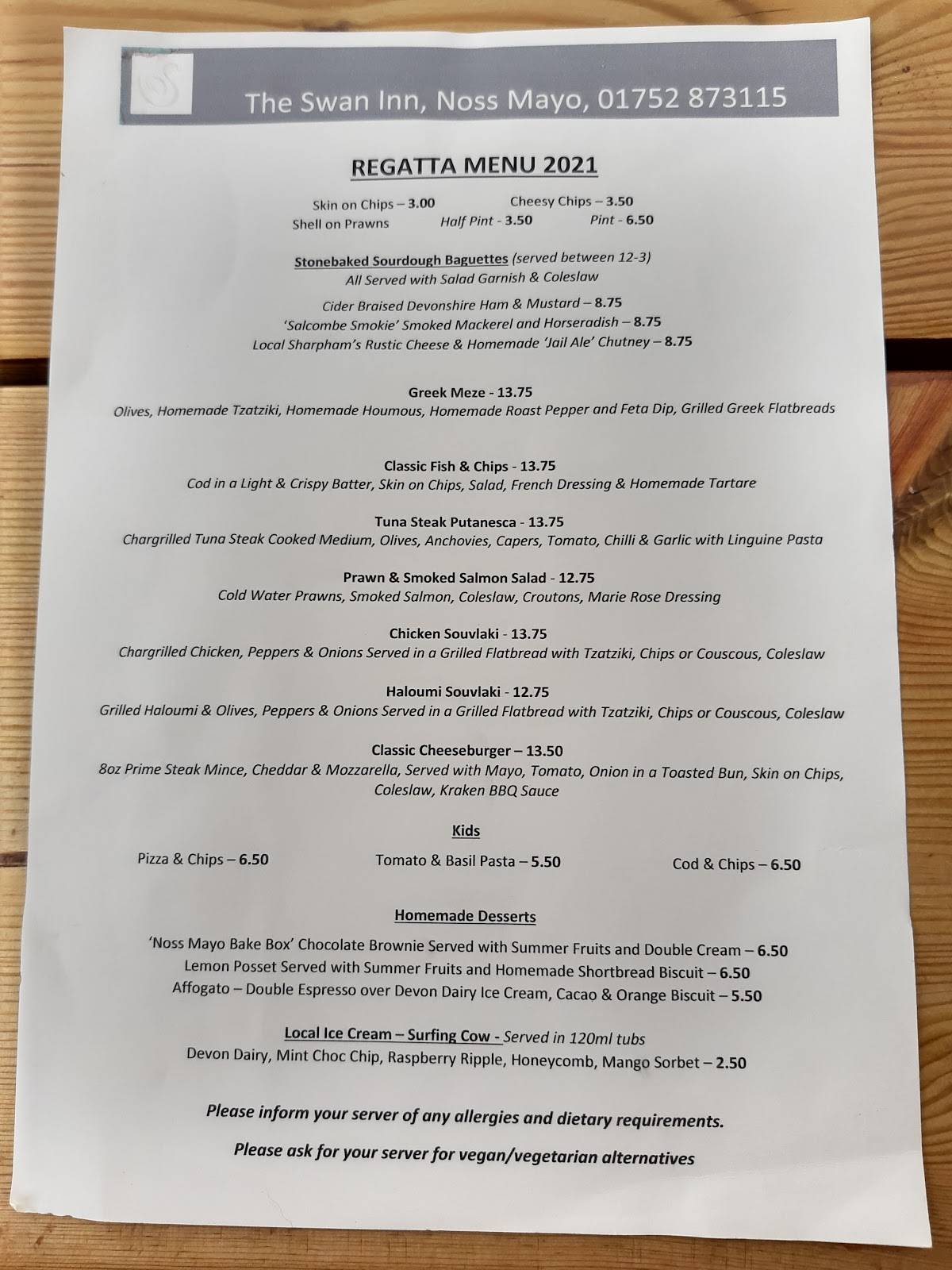 Menu at The Swan Inn pub & bar, Noss Mayo