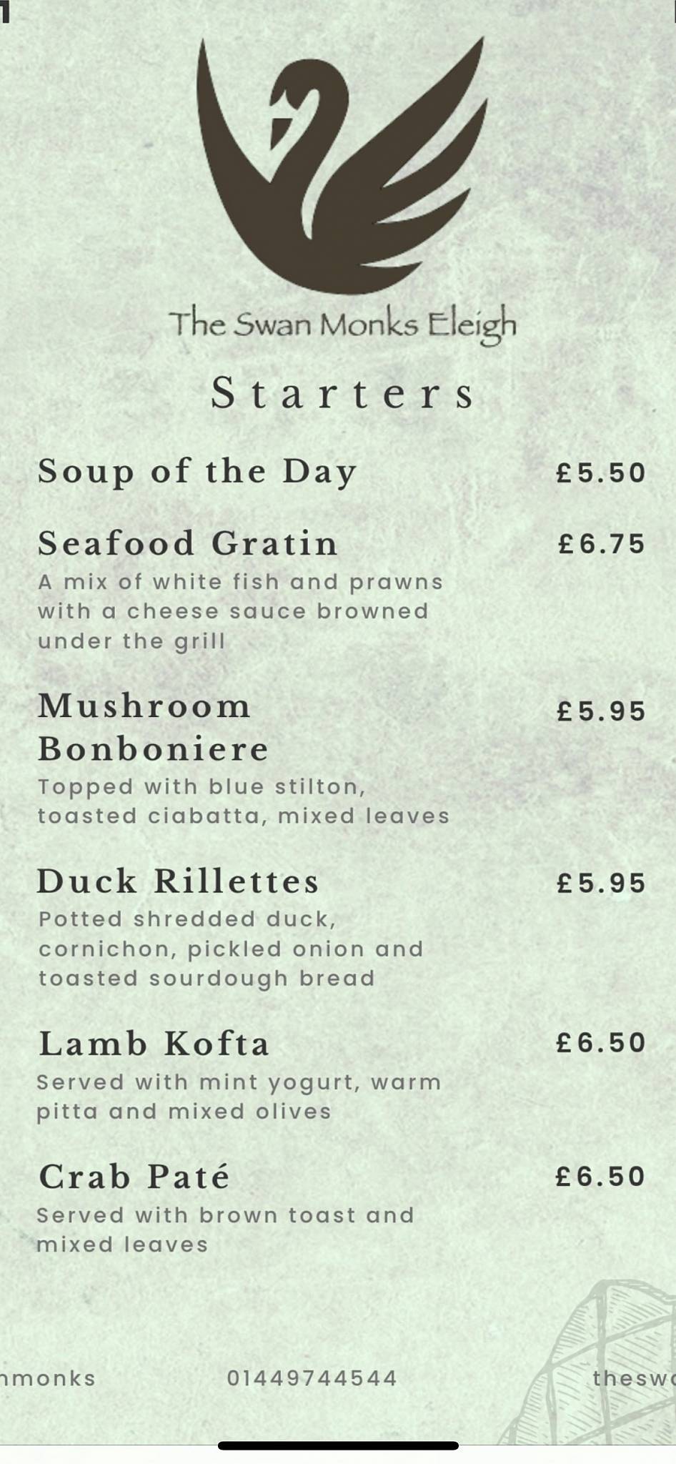 Menu at The Swan restaurant, Monks Eleigh