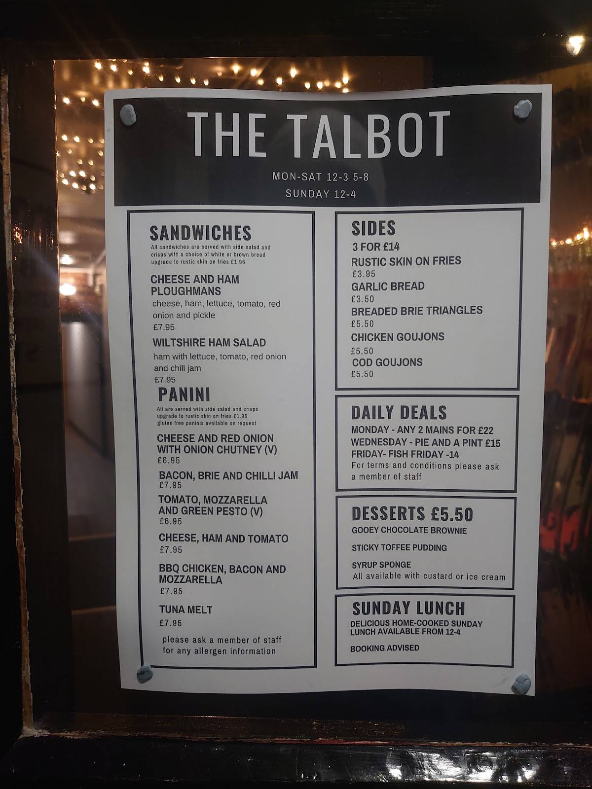 Menu at The Talbot pub & bar, Droitwich Spa