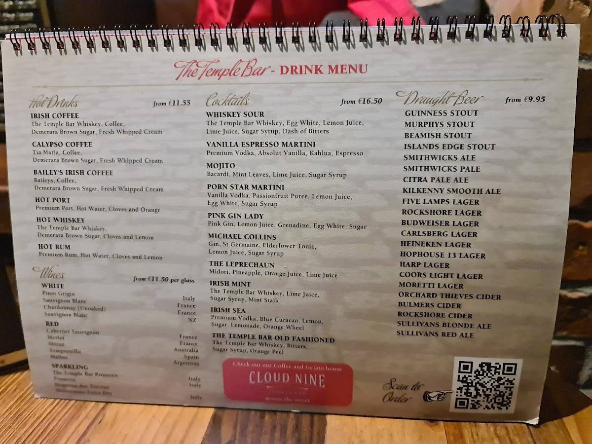 Menu at The Temple Bar Pub, Dublin