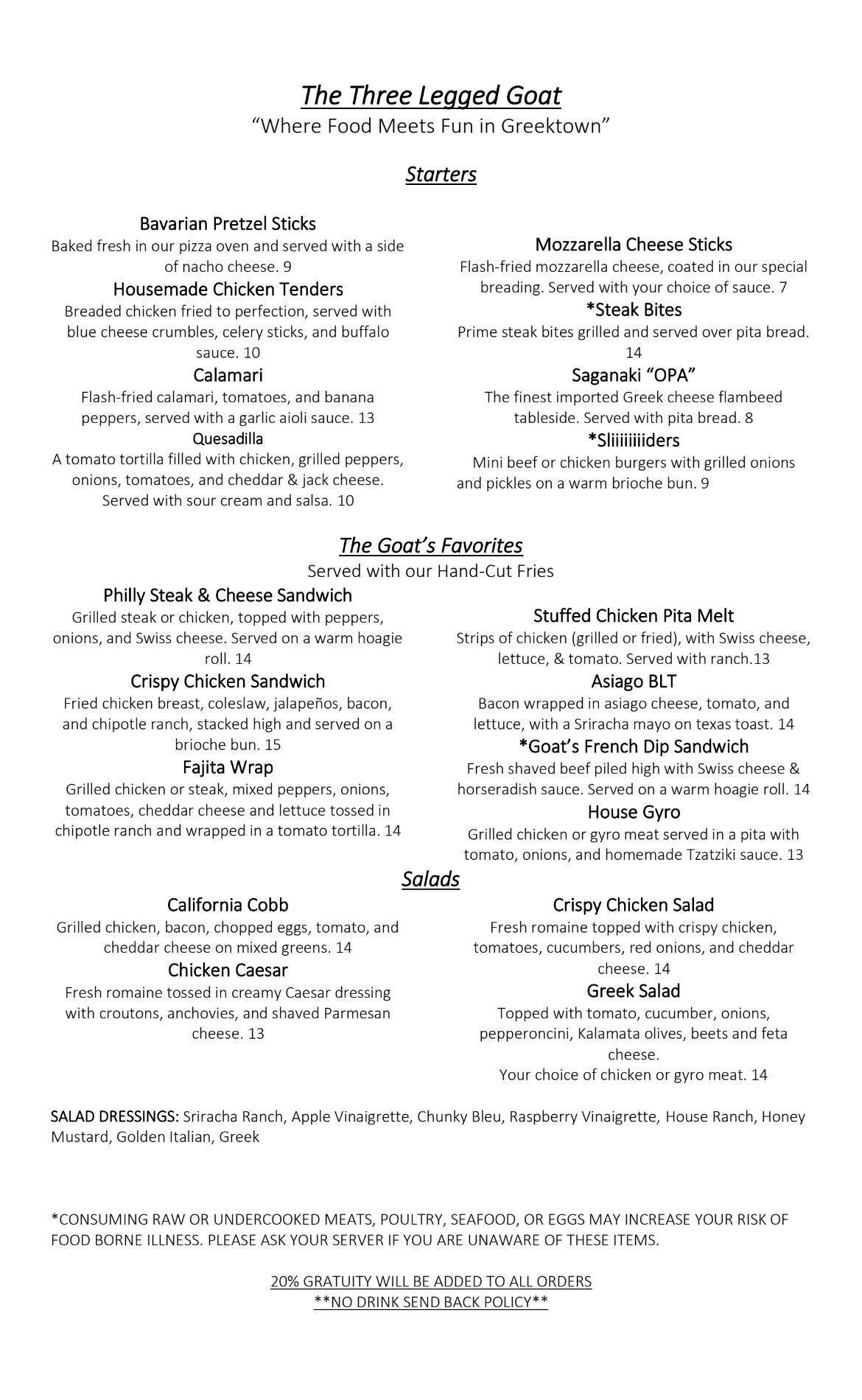 Menu at The Three Legged Goat pub & bar, Detroit