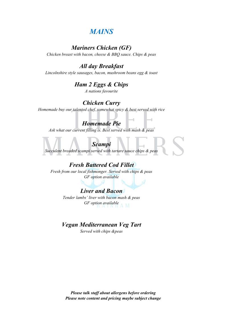 Menu at The Three Mariners pub & bar, Rainham, Kent County