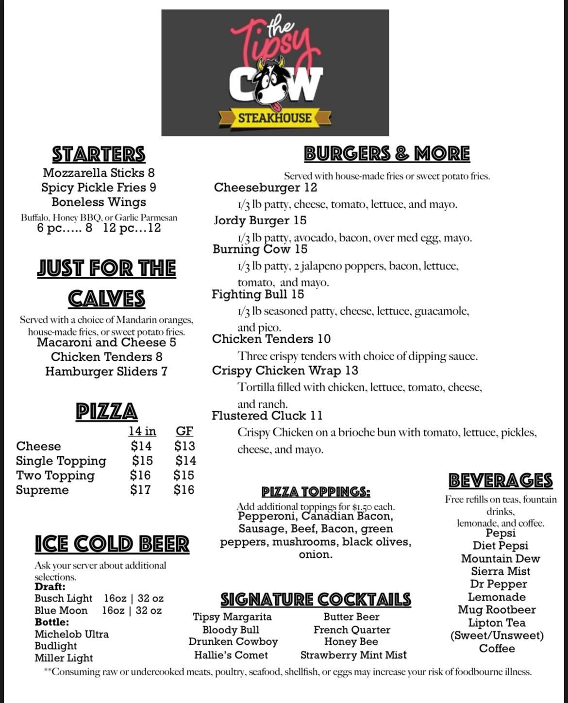 Menu at The Tipsy Cow Steakhouse, California