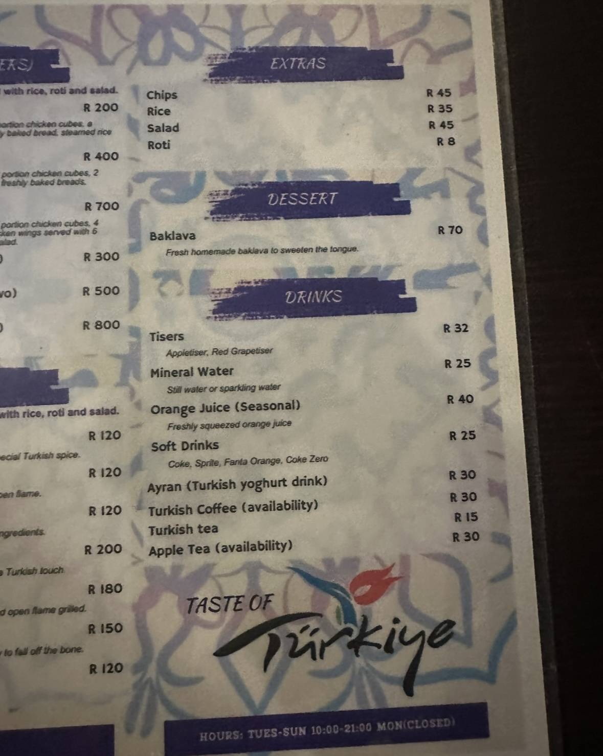Menu at The Turkish Table restaurant, Pretoria, Graham road