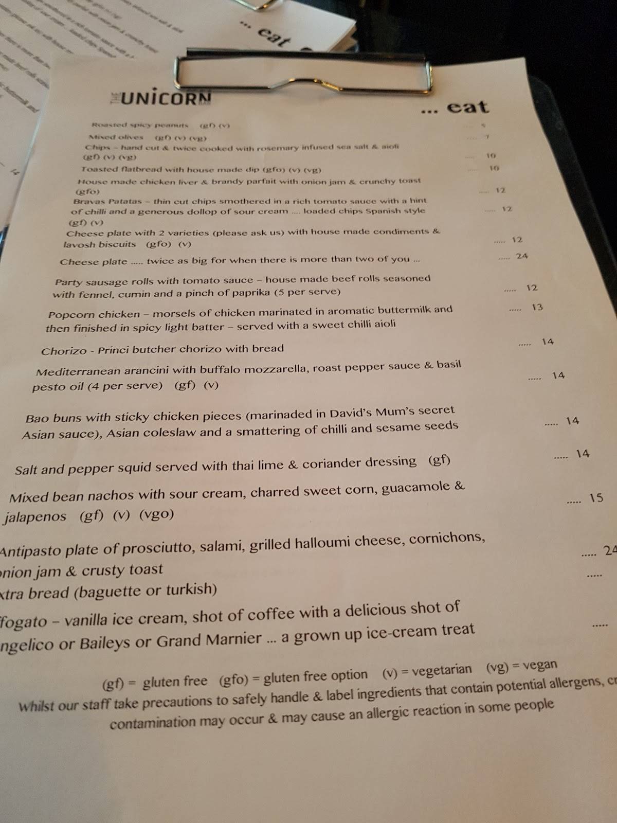 Menu at The Unicorn Bar, Shenton Park