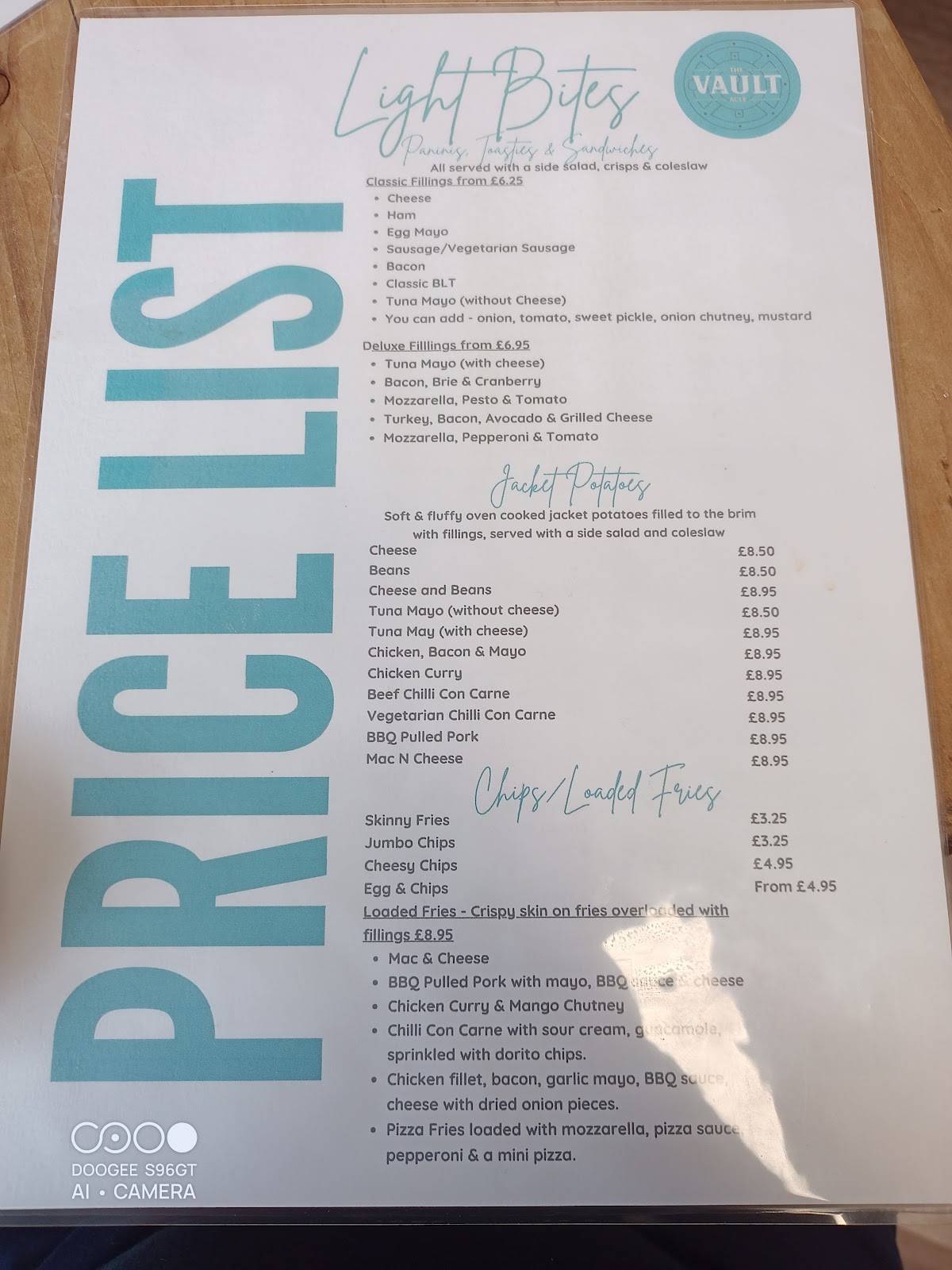 Menu at The Vault cafe, Acle