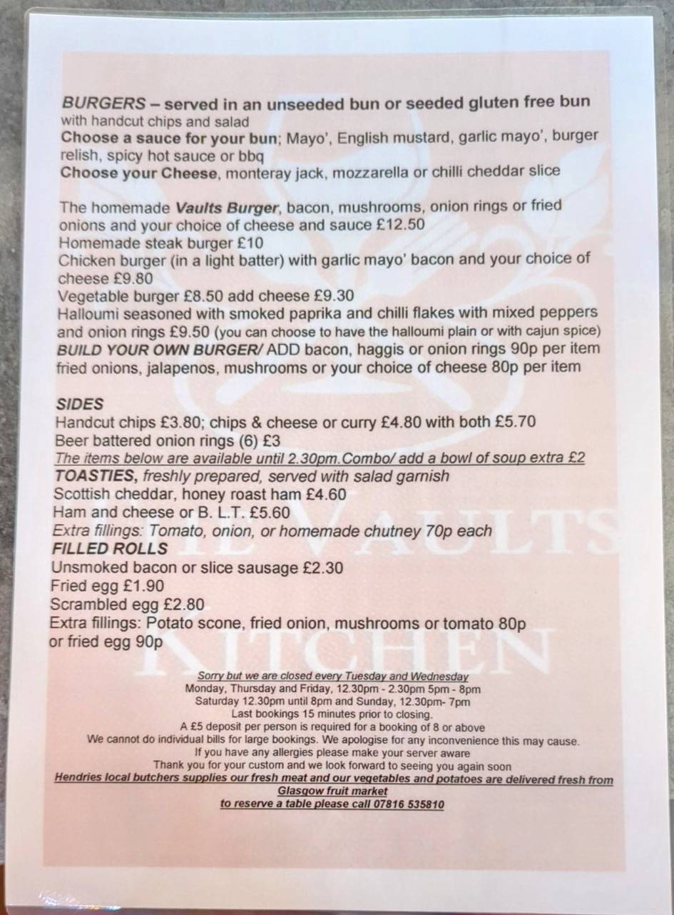 Menu at The Vaults pub & bar, Girvan