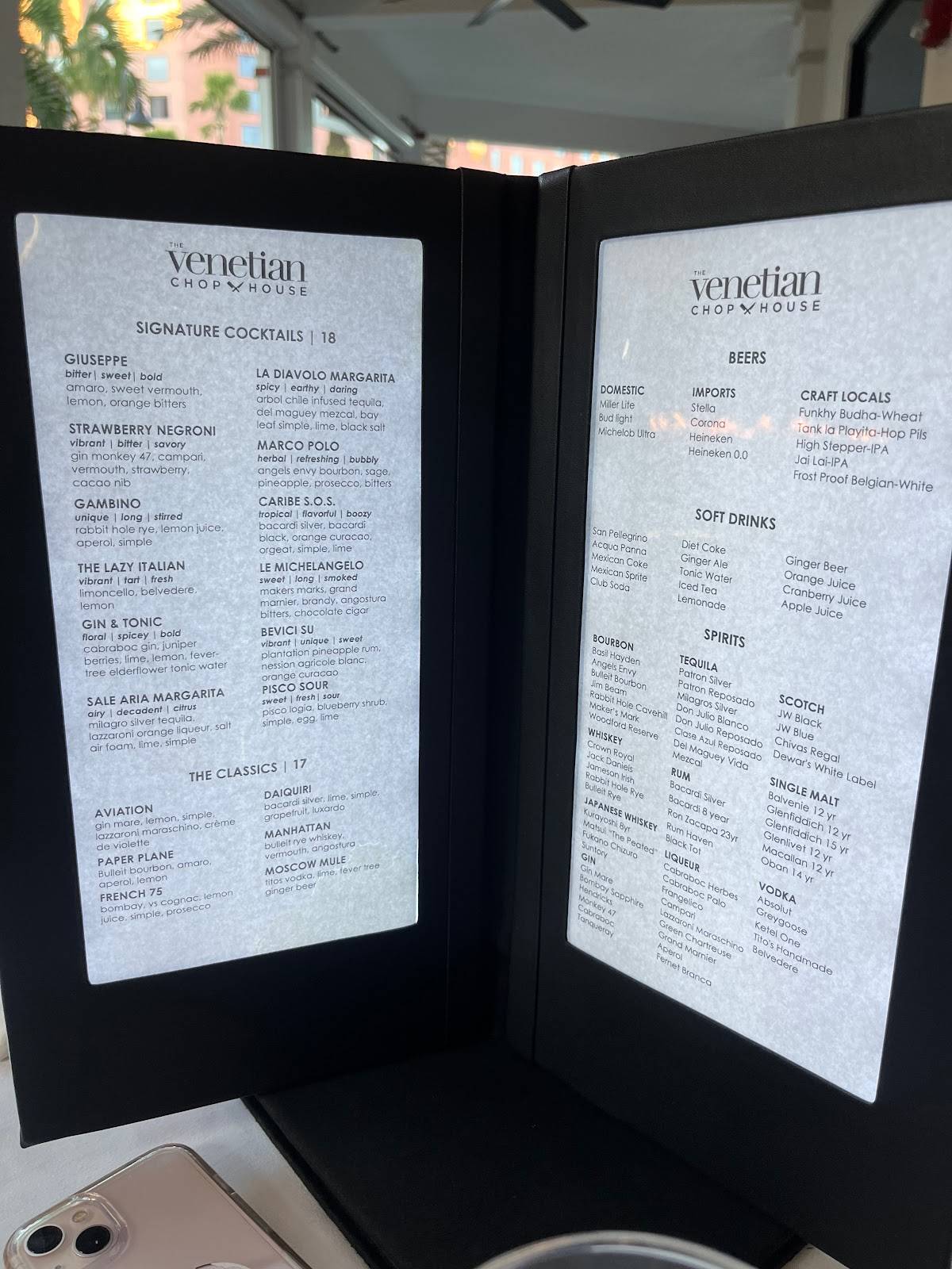 Menu at The Venetian Chop House steakhouse, Orlando