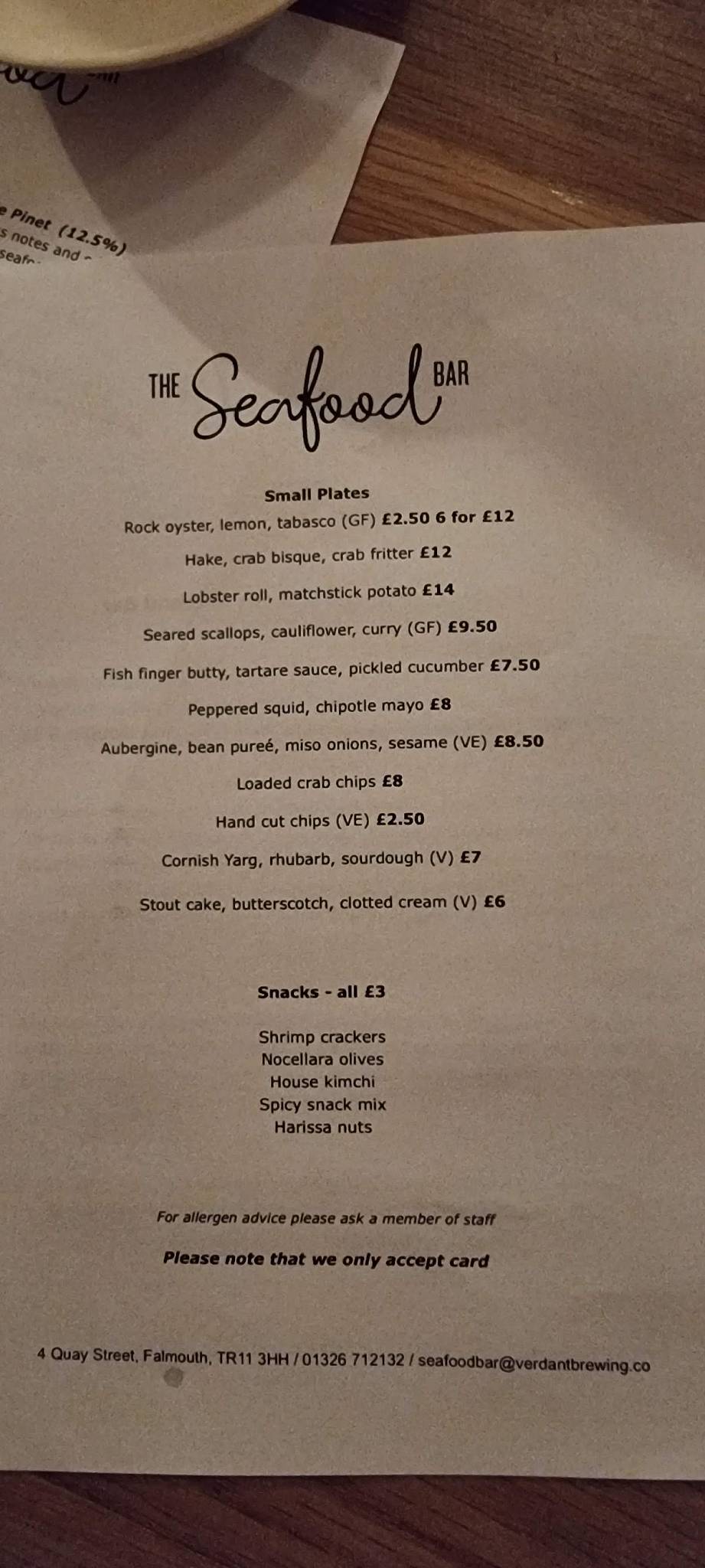 Menu at The Verdant Seafood Bar, Falmouth