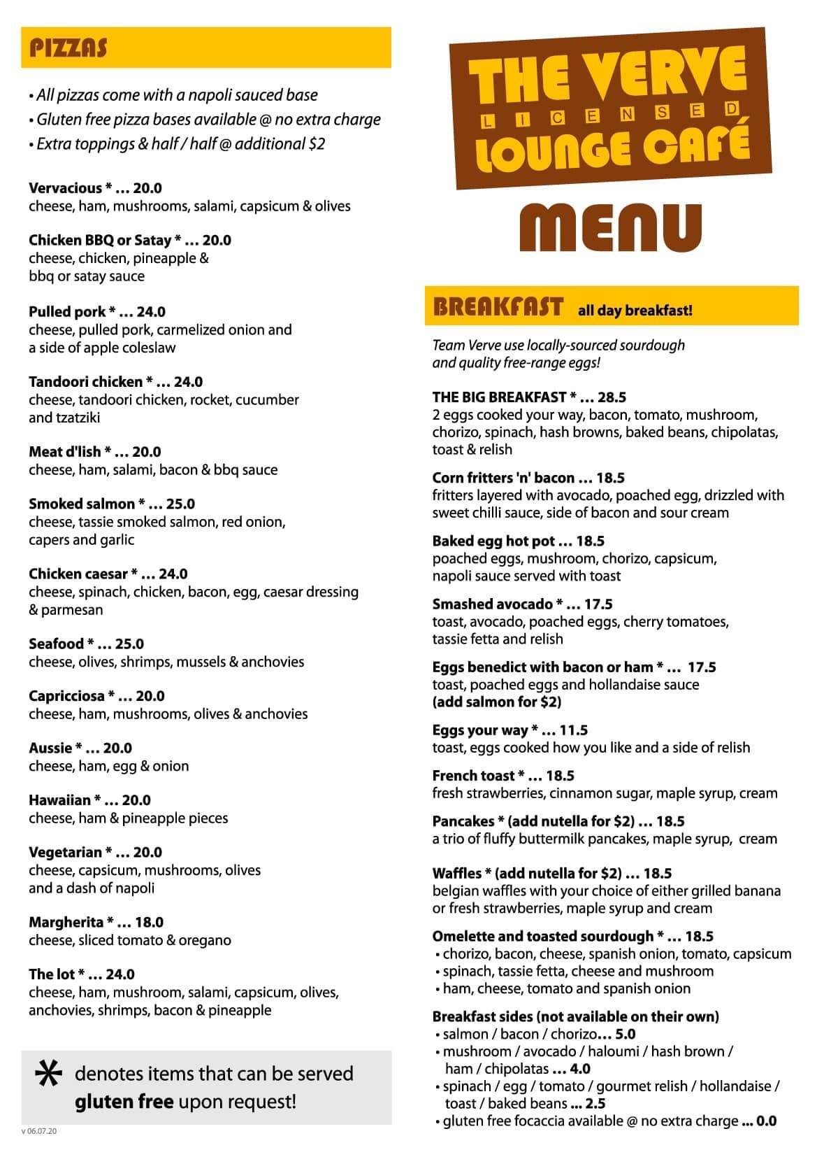 Menu at The Verve Lounge Cafe, Old Beach