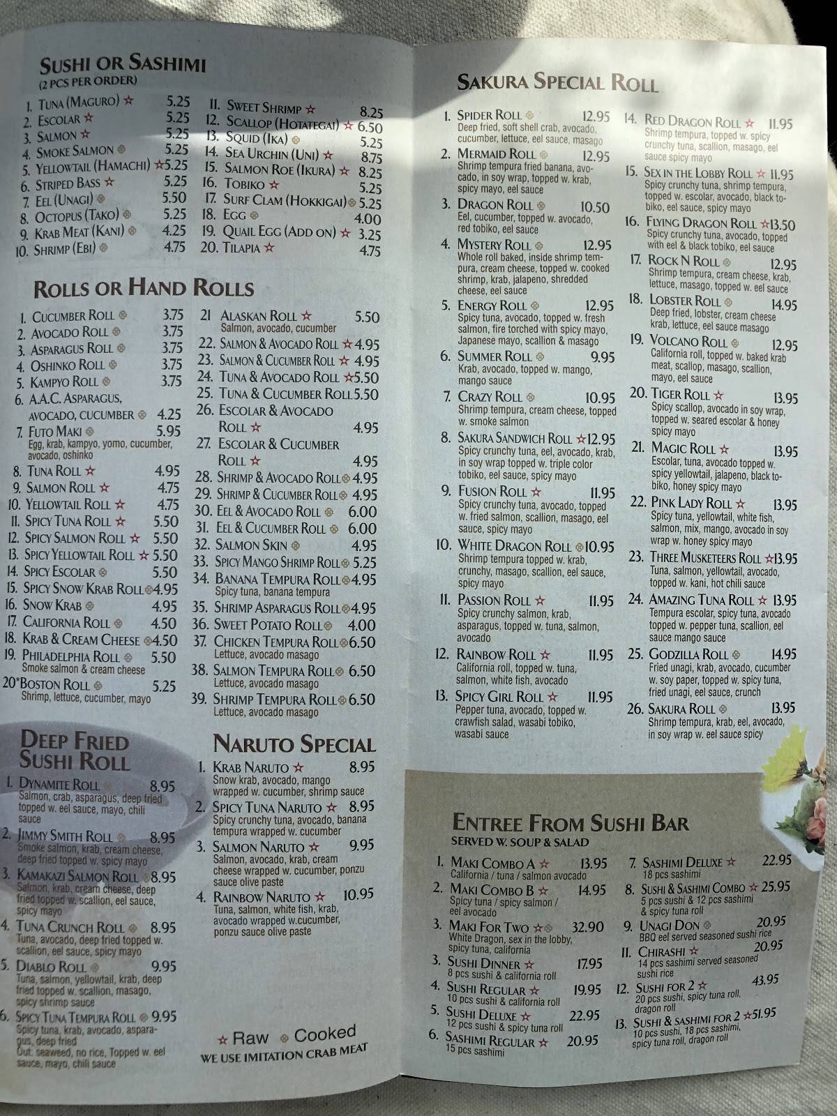 Menu at Sakura Japanese Restaurant, The Villages, 265 Colony Blvd