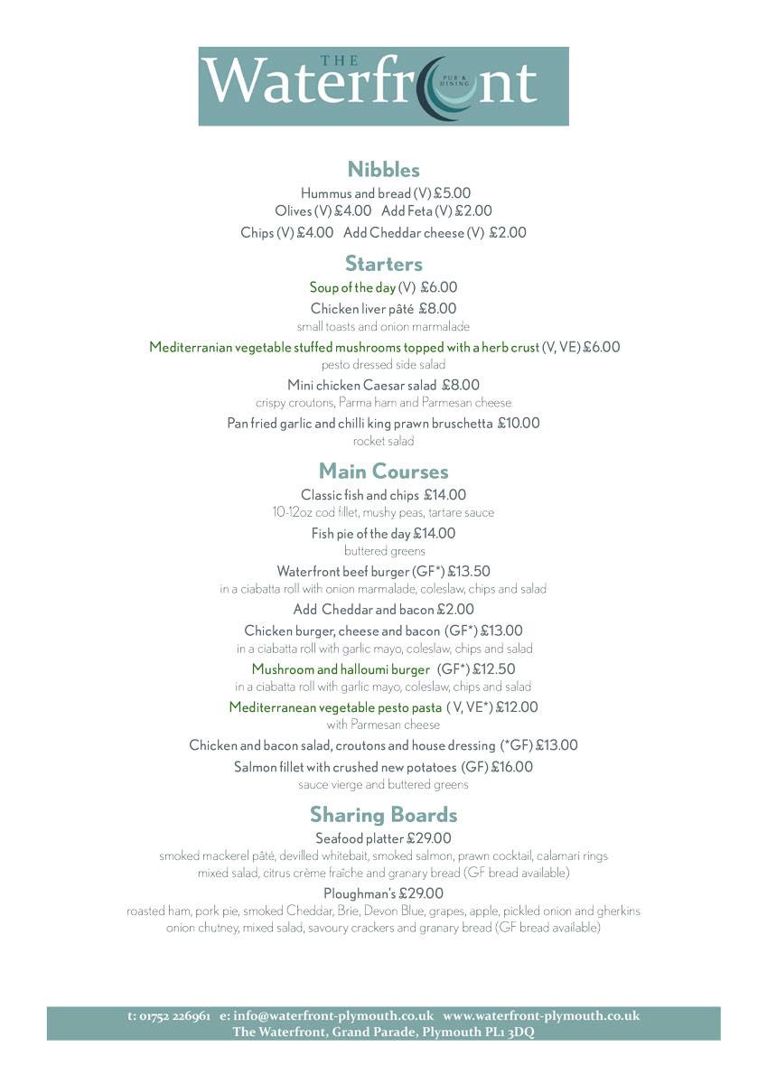Menu at The Waterfront, Plymouth pub & bar, Plymouth, 9 Grand Parade