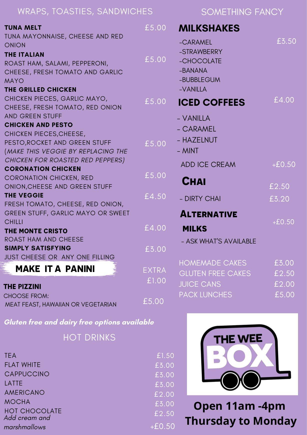 Menu at The Wee Box cafe, Port Ellen
