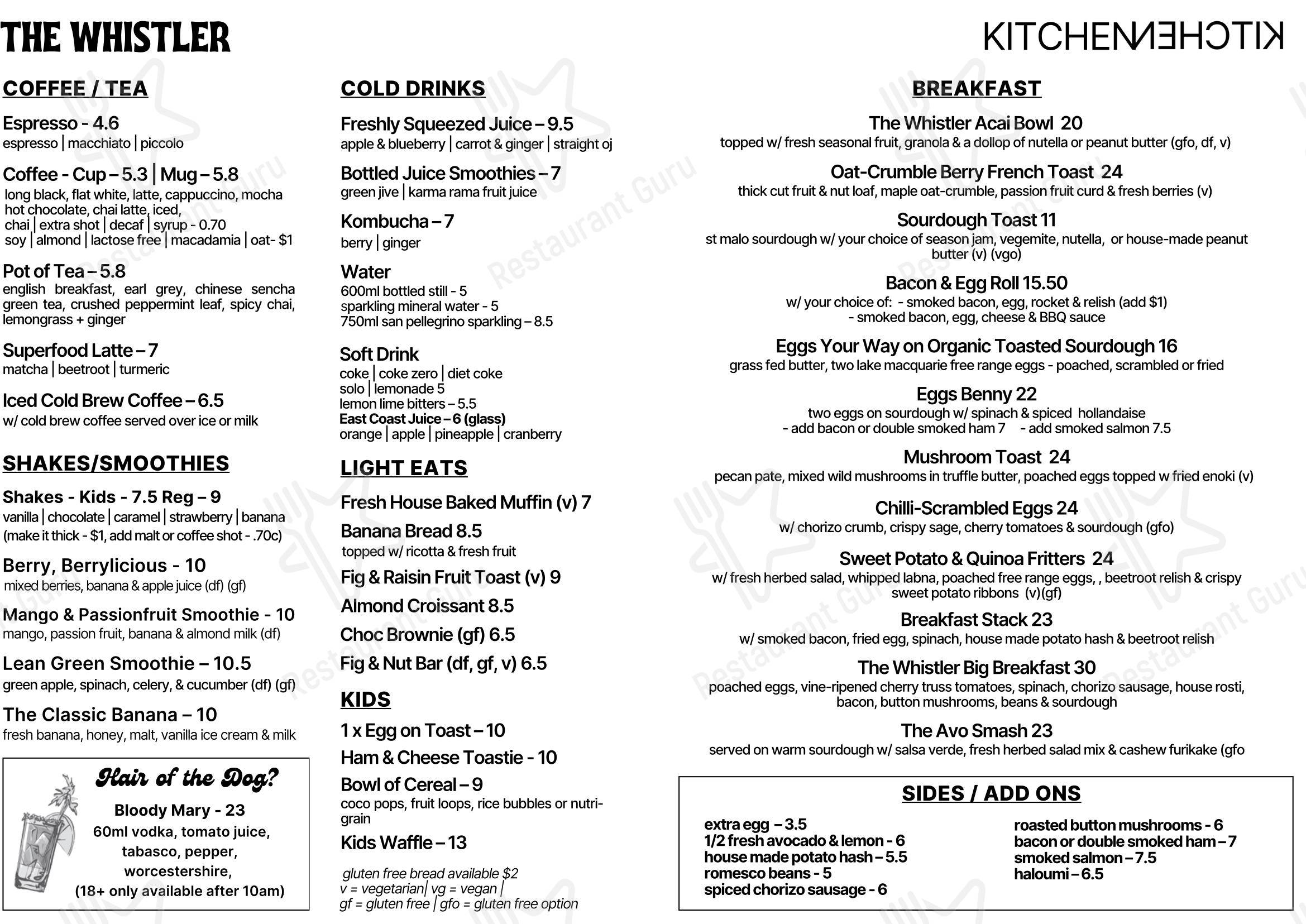 Menu at The Whistler restaurant, Maitland