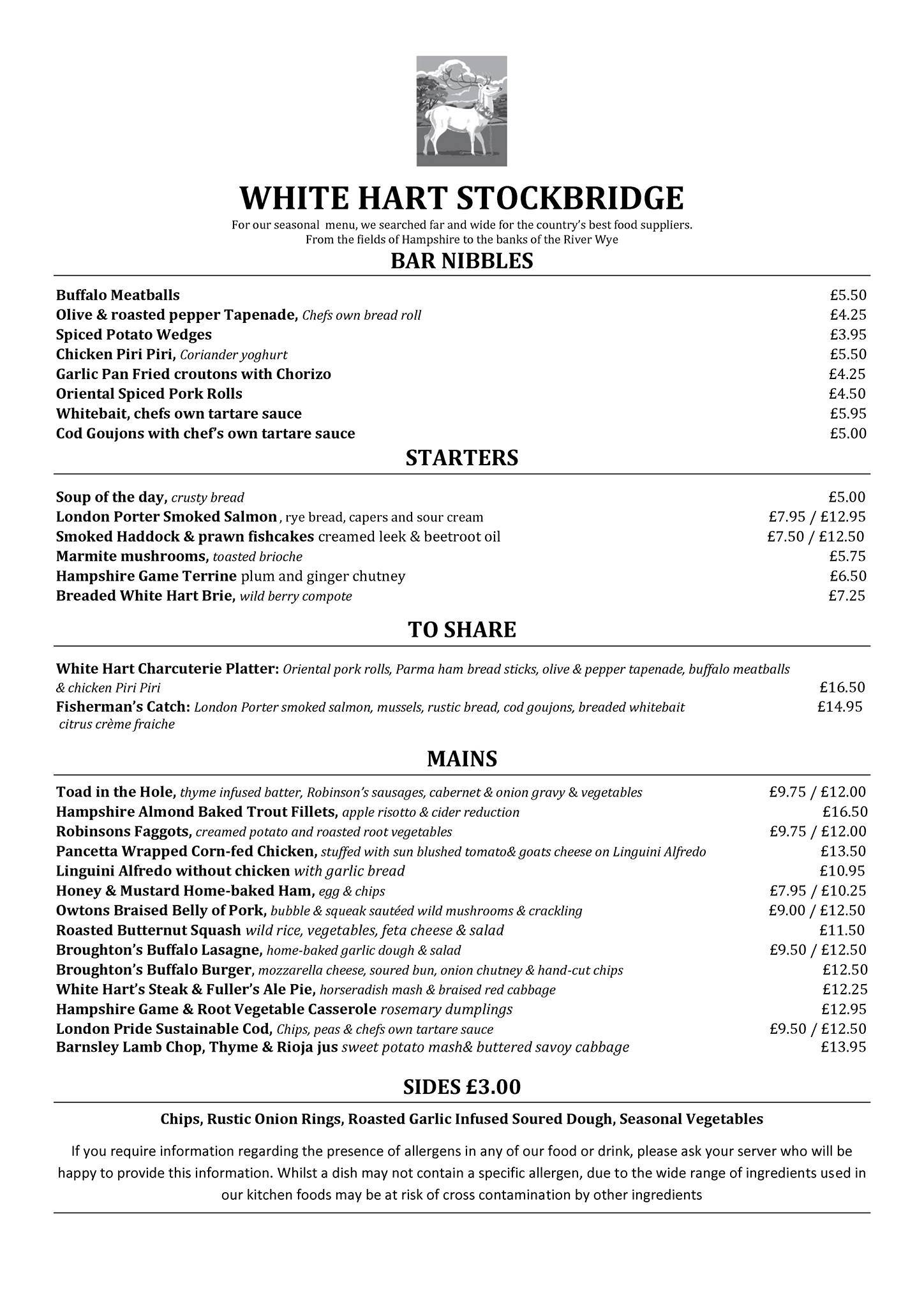 Menu at The White Hart, Stockbridge restaurant, Stockbridge