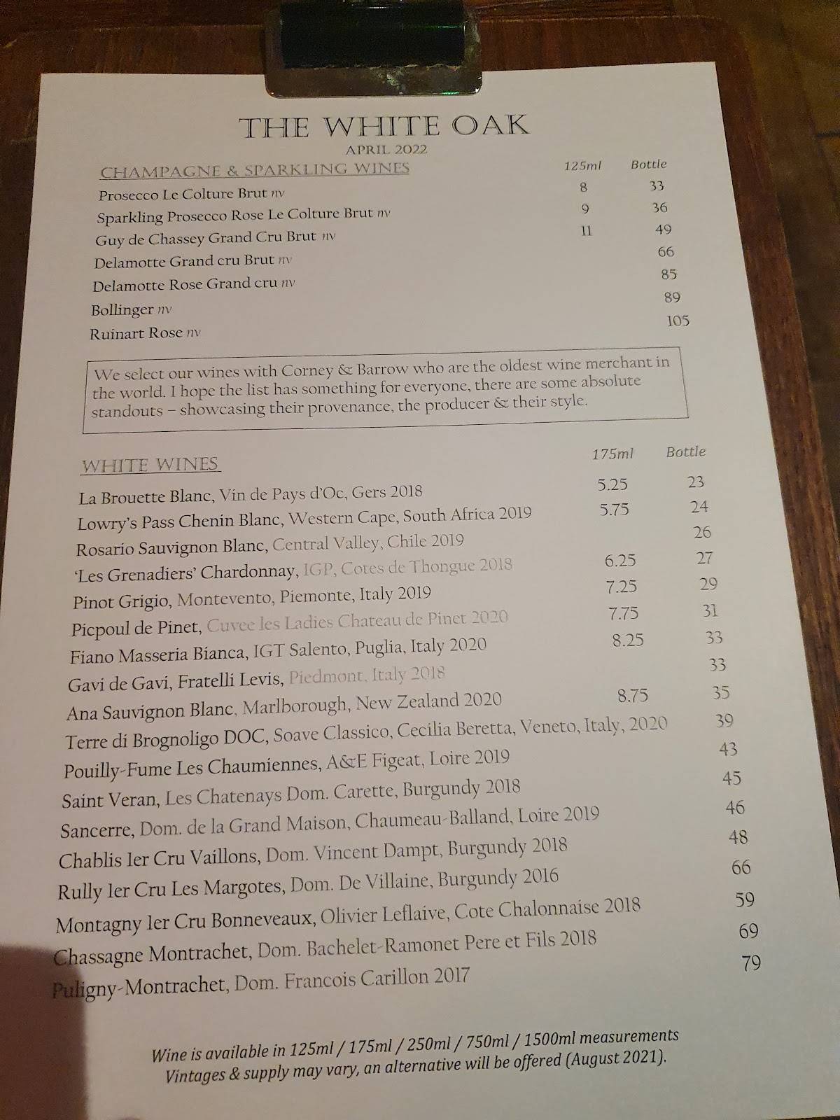 Menu at The White Oak pub & bar, Maidenhead