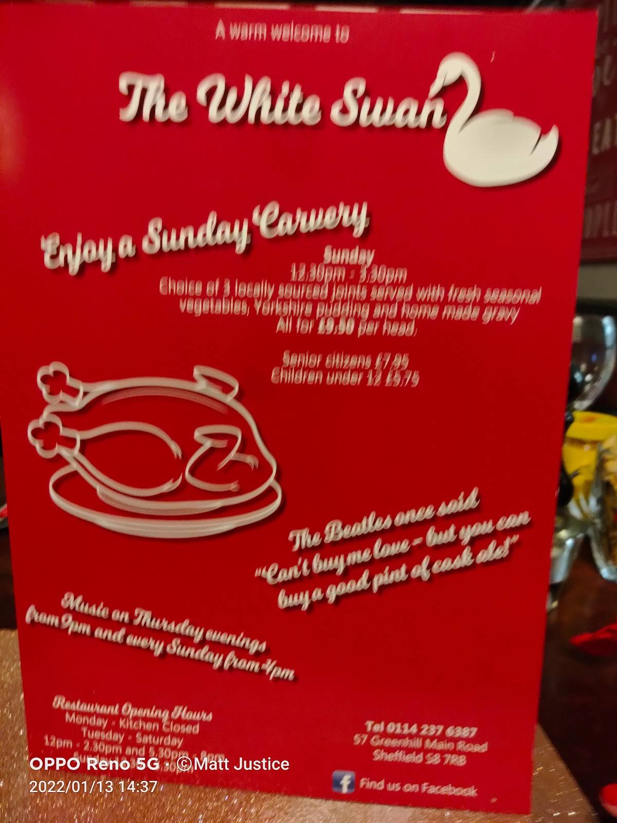 Menu at The White Swan pub & bar, Sheffield, White Swan