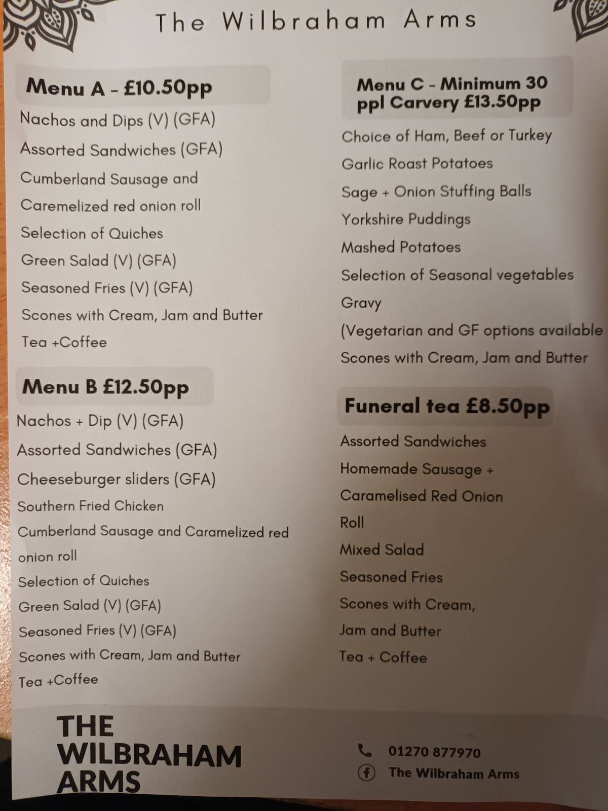 Menu at The Wilbraham Arms pub & bar, Rode Heath