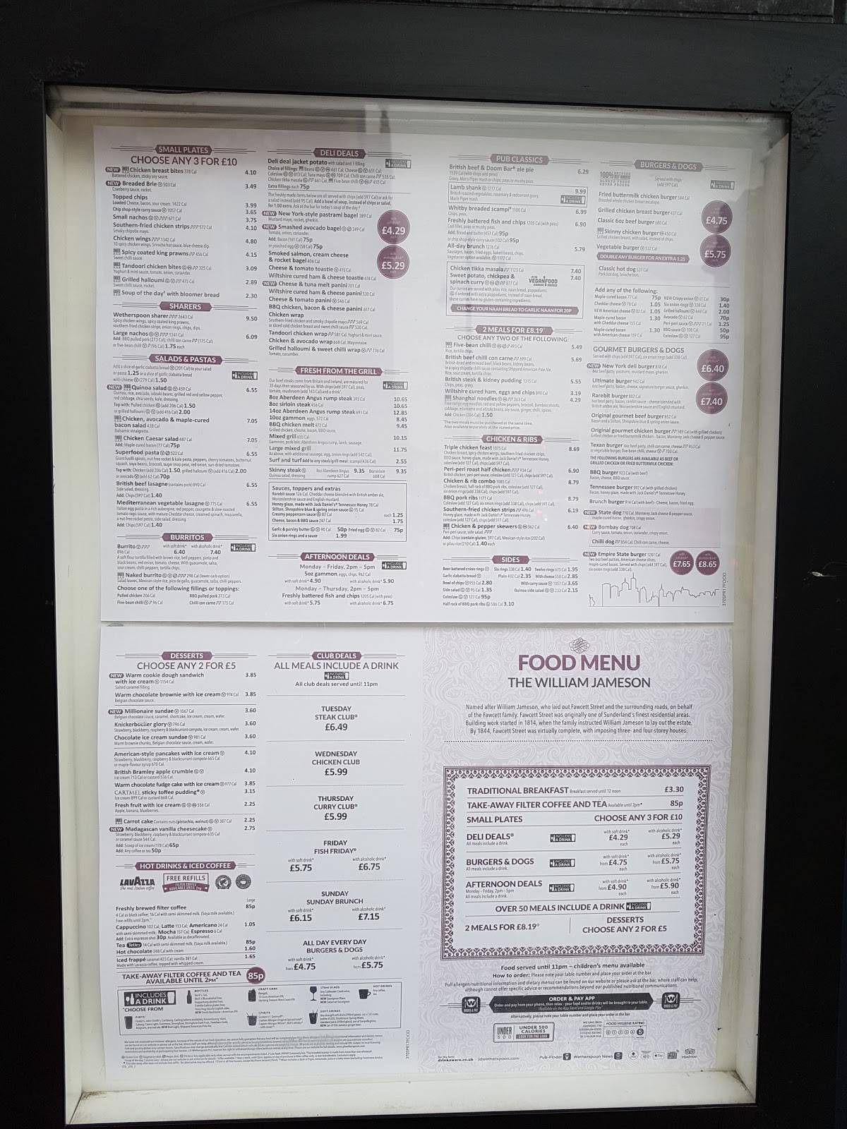 Menu at The William Jameson - JD Wetherspoon pub & bar, Sunderland