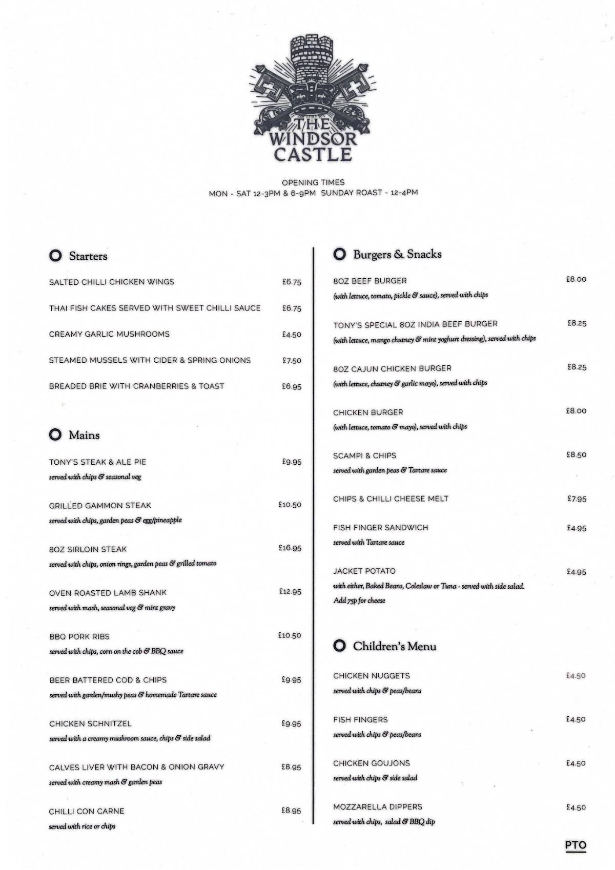 Menu at The Windsor Castle pub & bar, Weston-super-Mare