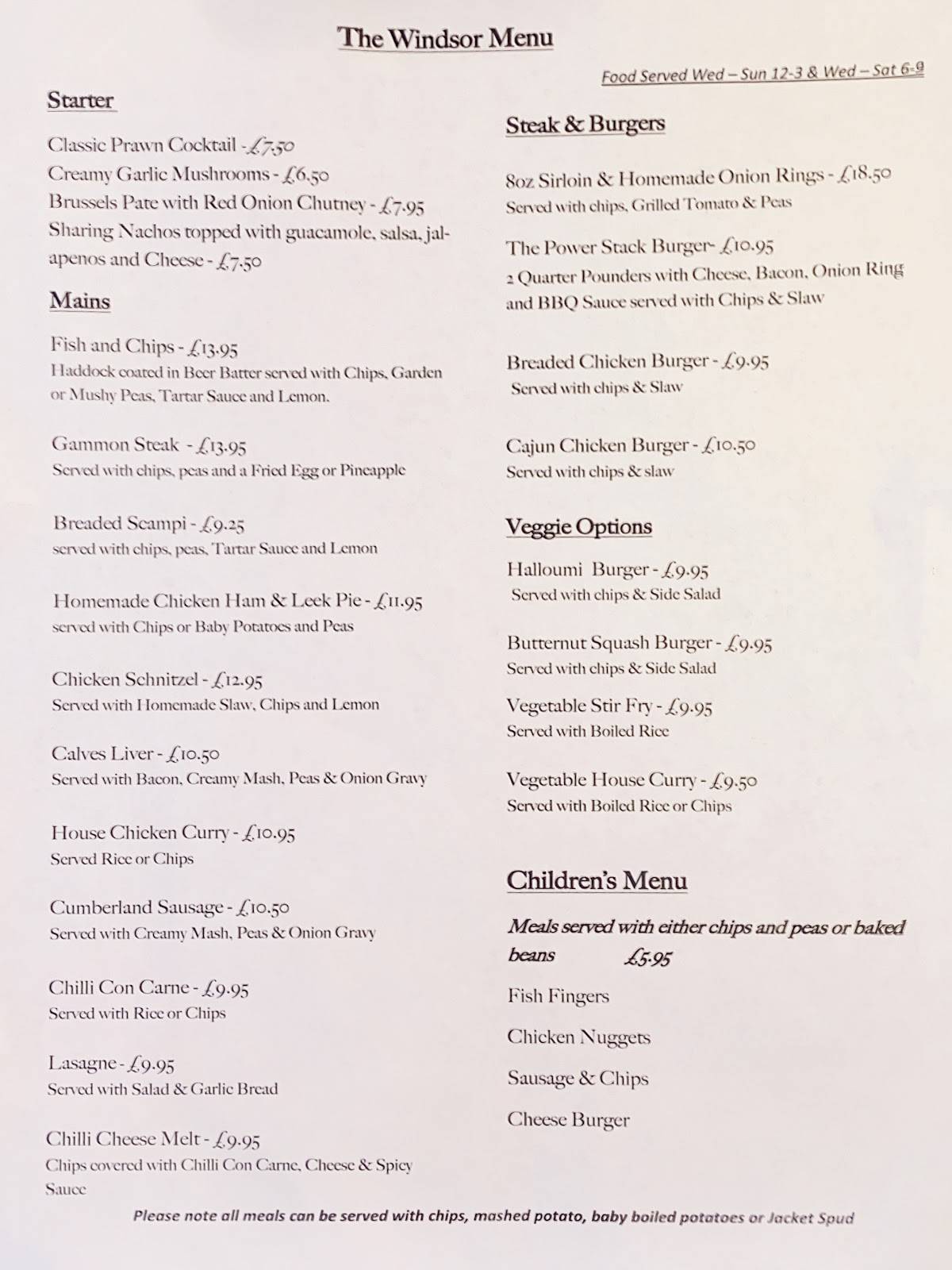 Menu at The Windsor Castle pub & bar, Weston-super-Mare