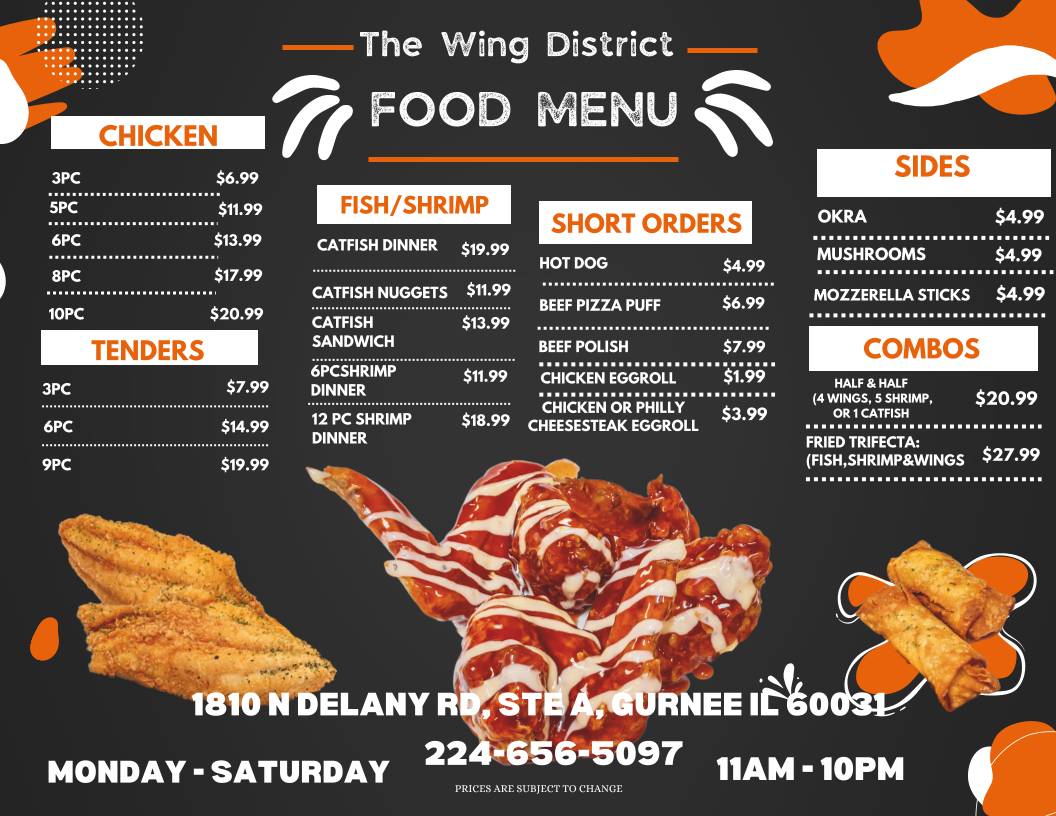 Menu at The Wing District restaurant, North Chicago
