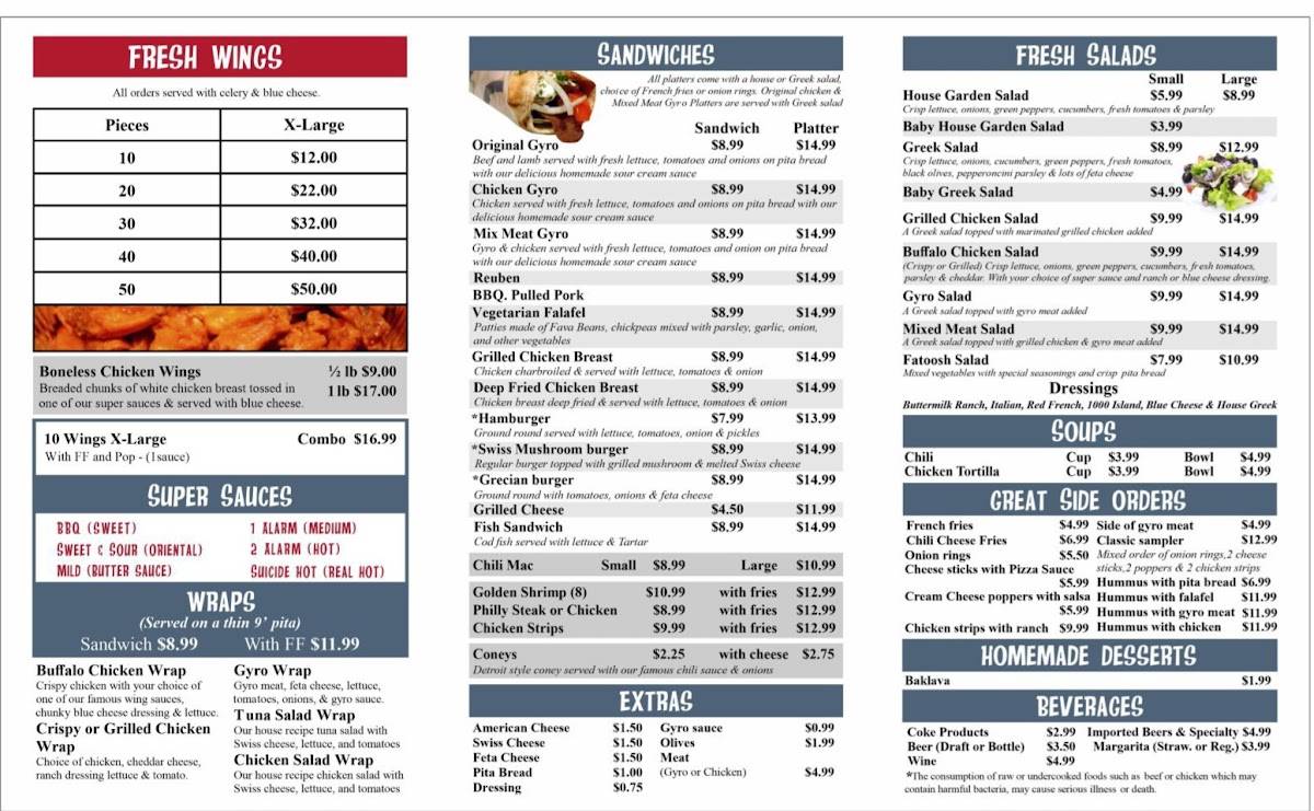 Menu at The Wings Station restaurant, Swanton