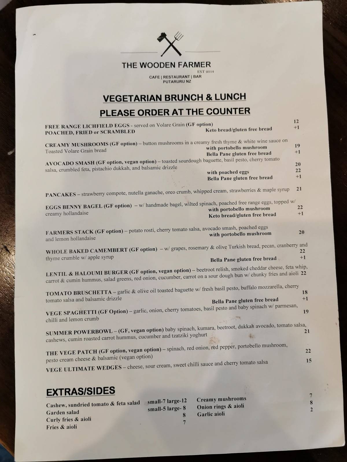 Menu at The Wooden Farmer restaurant, Putaruru