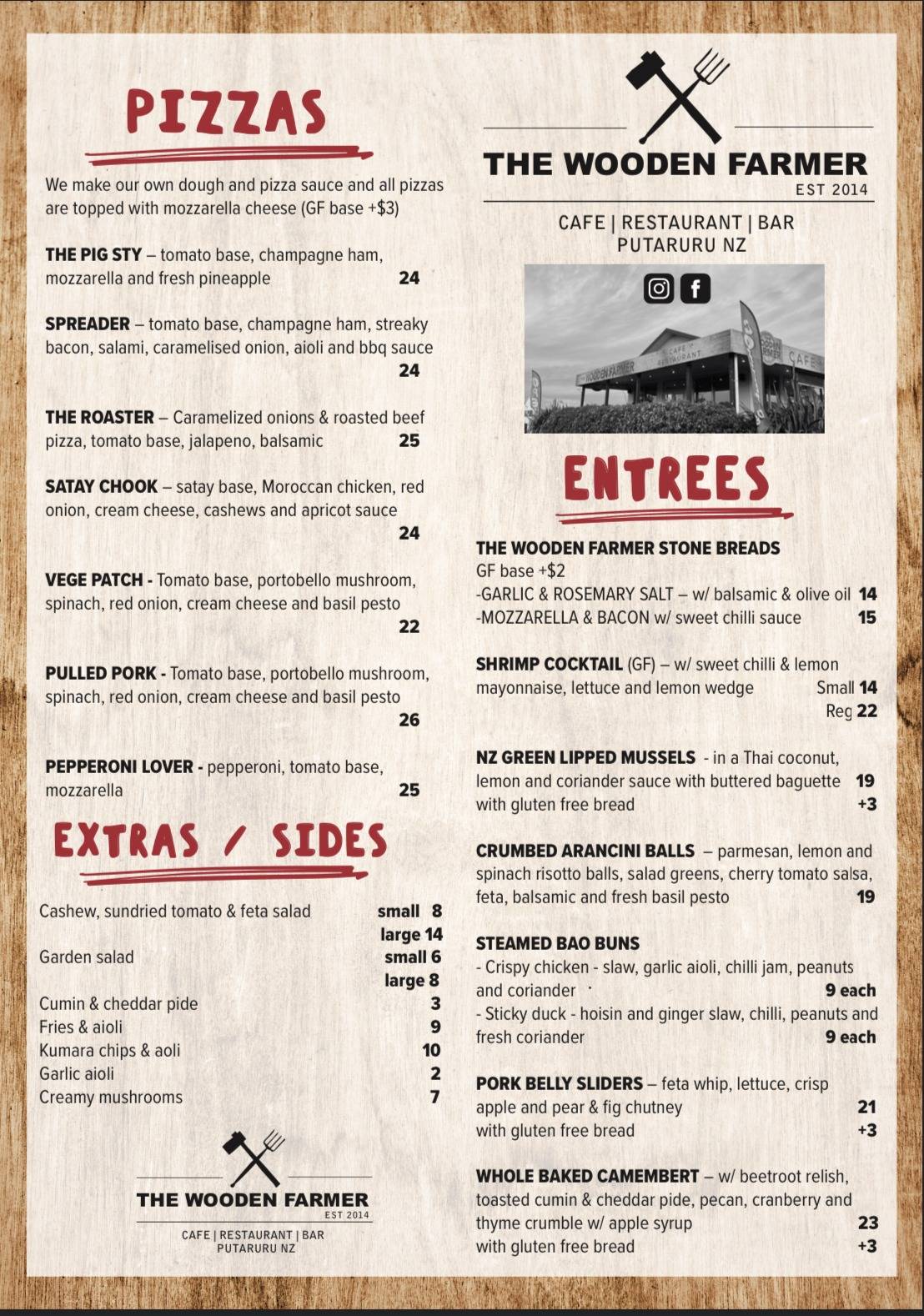 Menu at The Wooden Farmer restaurant, Putaruru