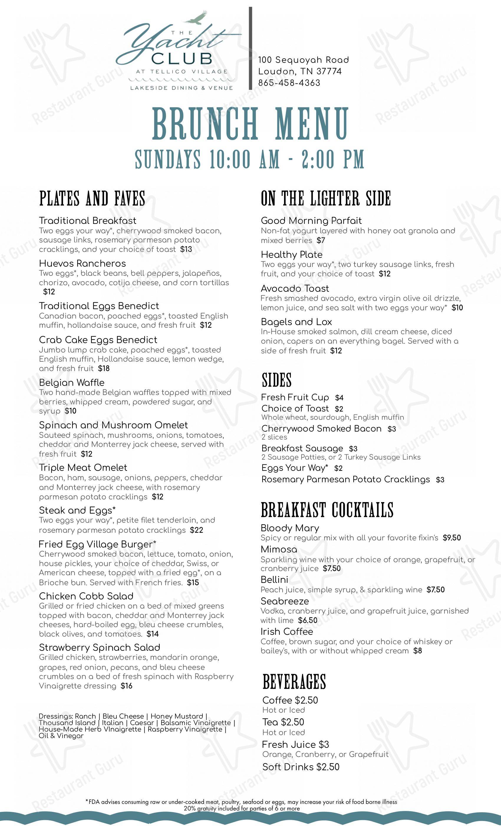 Menu at The Yacht Club at Tellico Village, Loudon