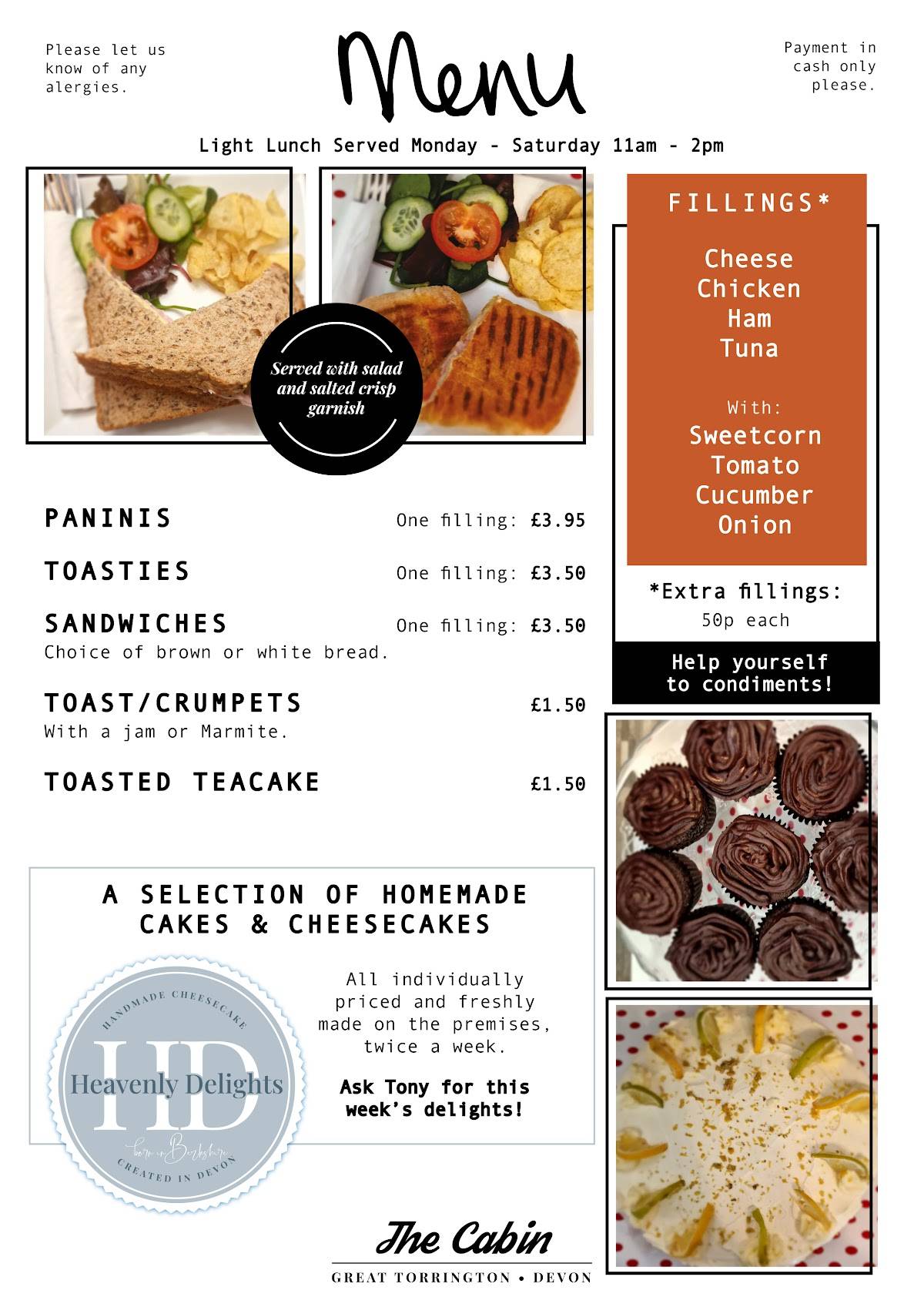 Menu at The cabin coffee lounge and cocktail bar, Great Torrington