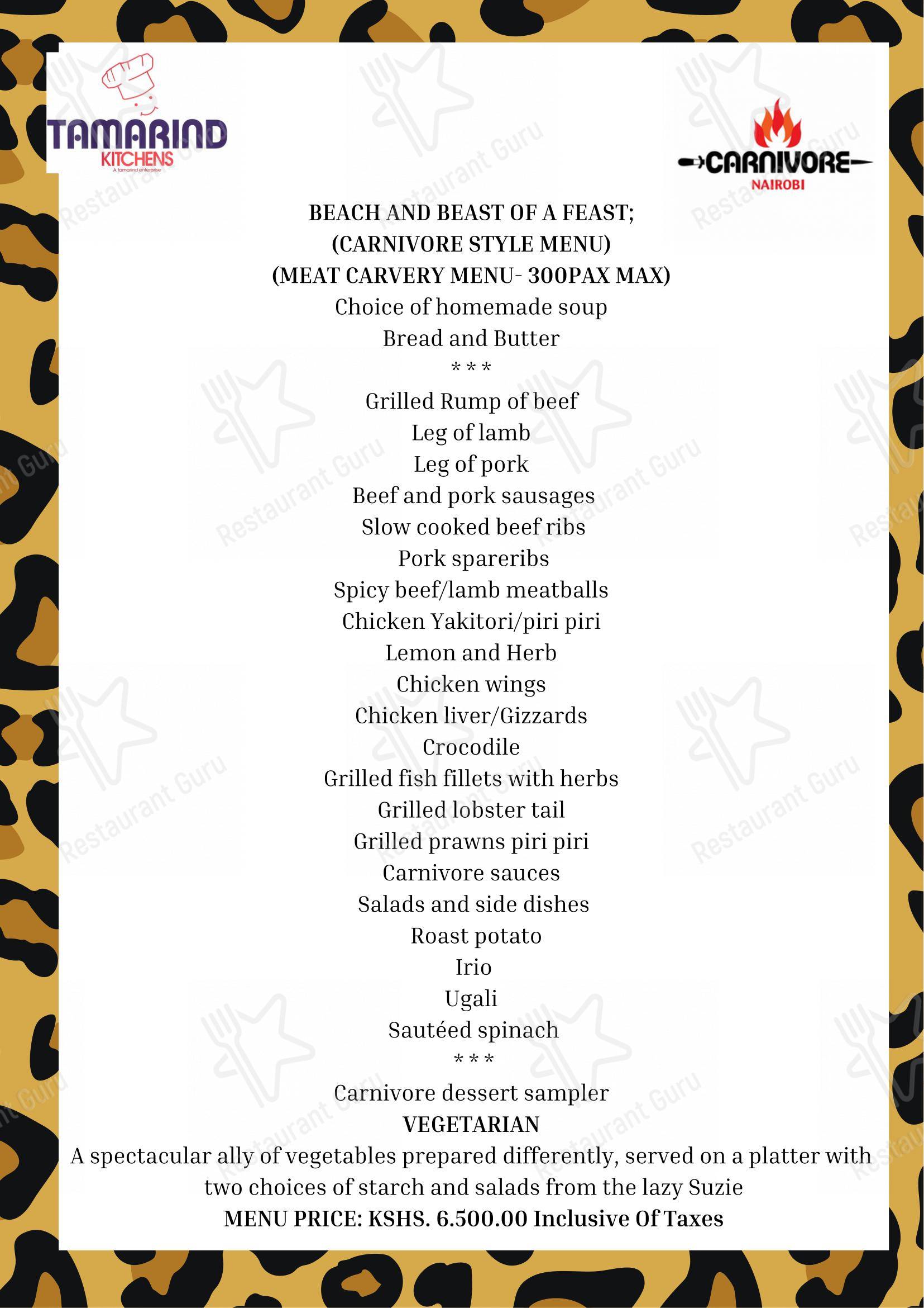 Carta de The Carnivore Restaurant, Nairobi