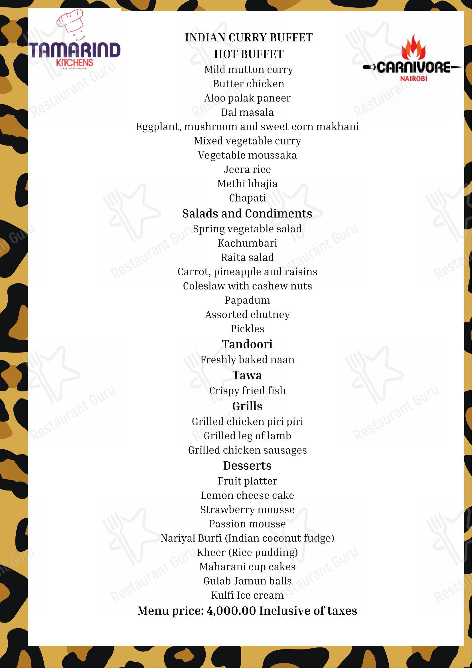Carta de The Carnivore Restaurant, Nairobi