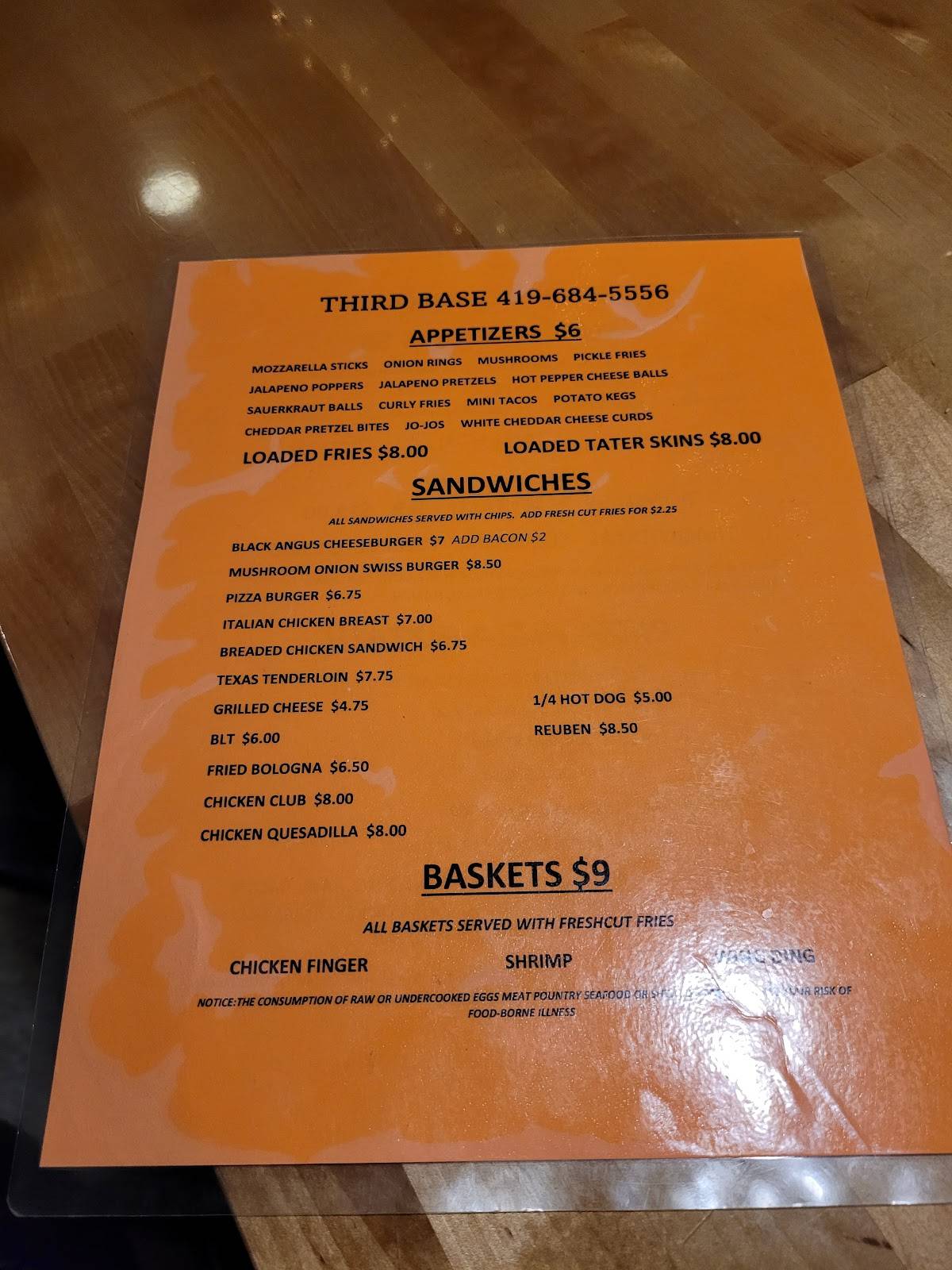 Menu at Third Base pub & bar, Sandusky
