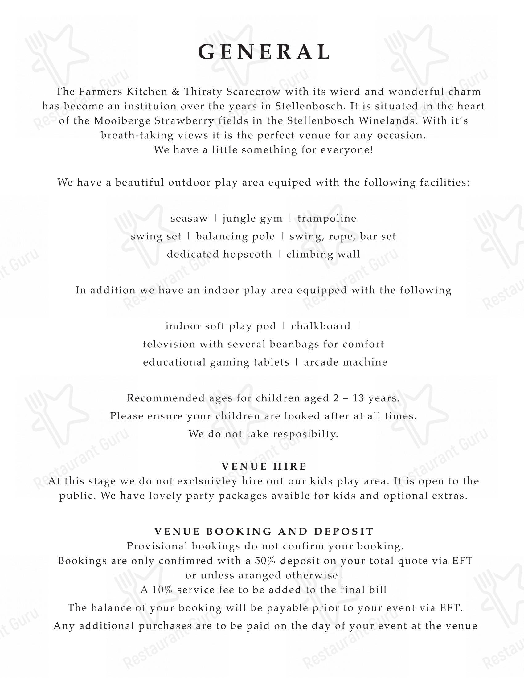Menu at Thirsty Scarecrow restaurant, Stellenbosch