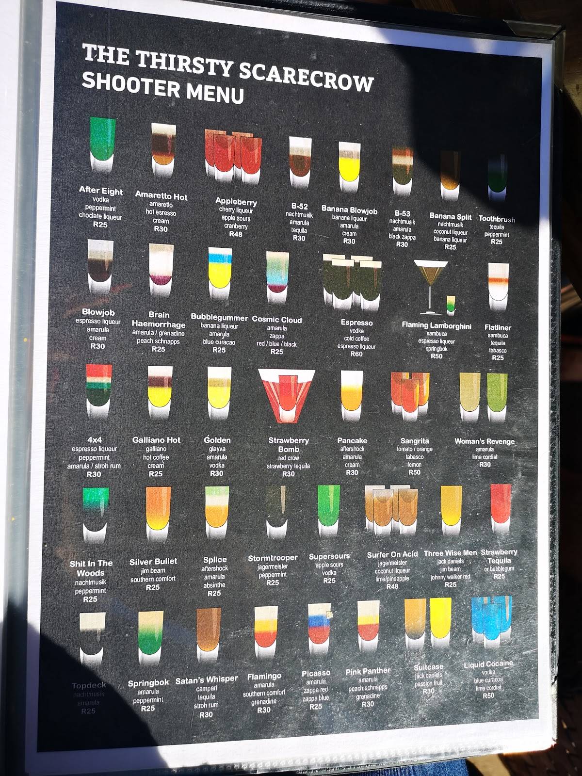 Menu at Thirsty Scarecrow pub & bar, Stellenbosch