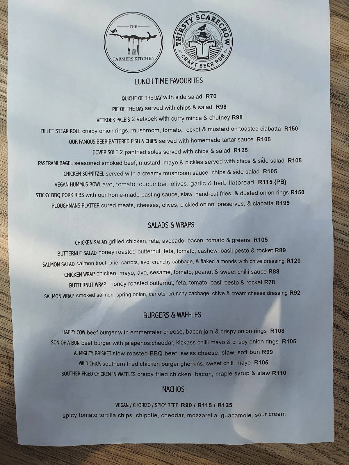 Menu at Thirsty Scarecrow pub & bar, Stellenbosch