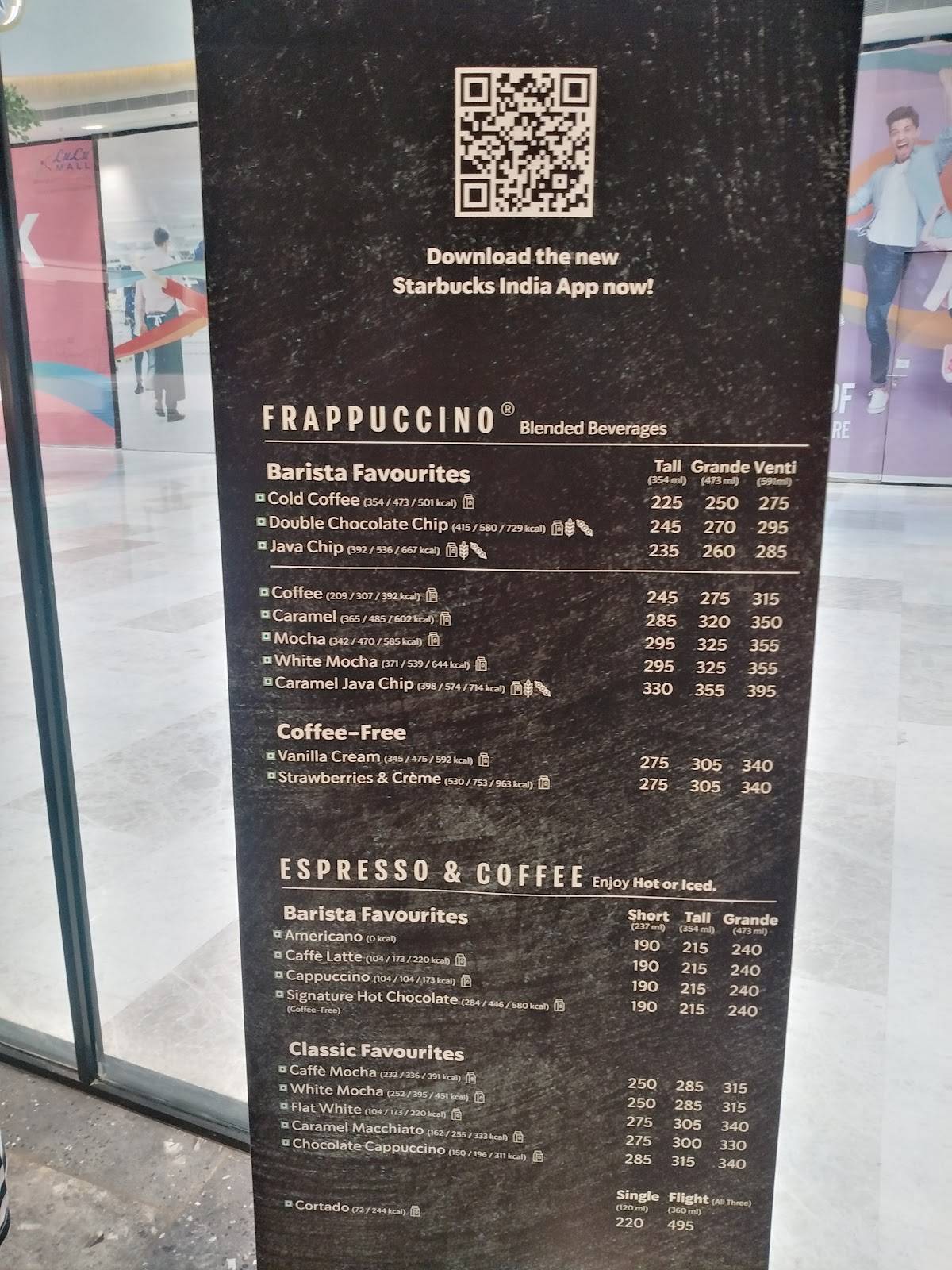 Menu at Starbucks, Thiruvananthapuram, GV8X+43W