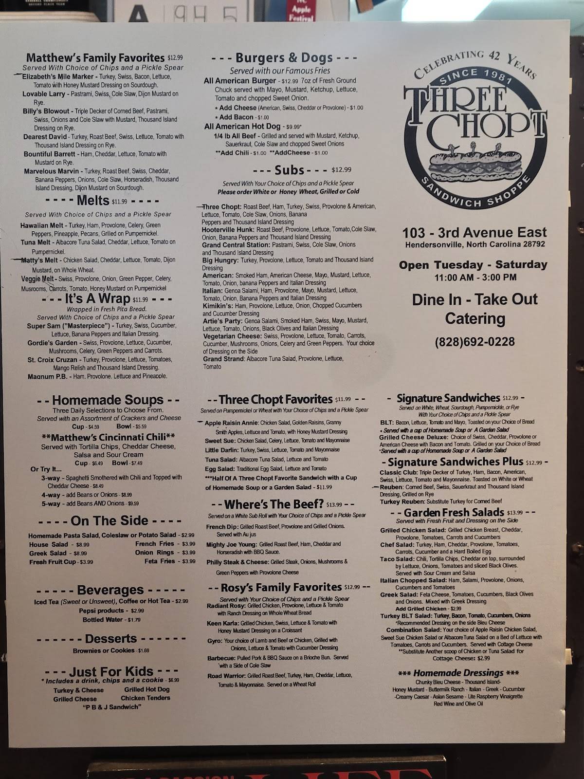 Menu at Three Chopt Sandwich Shoppe fast food, Hendersonville