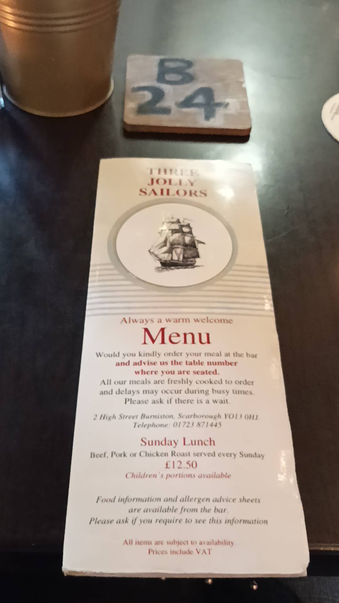 Menu at Three Jolly Sailors pub & bar, Burniston