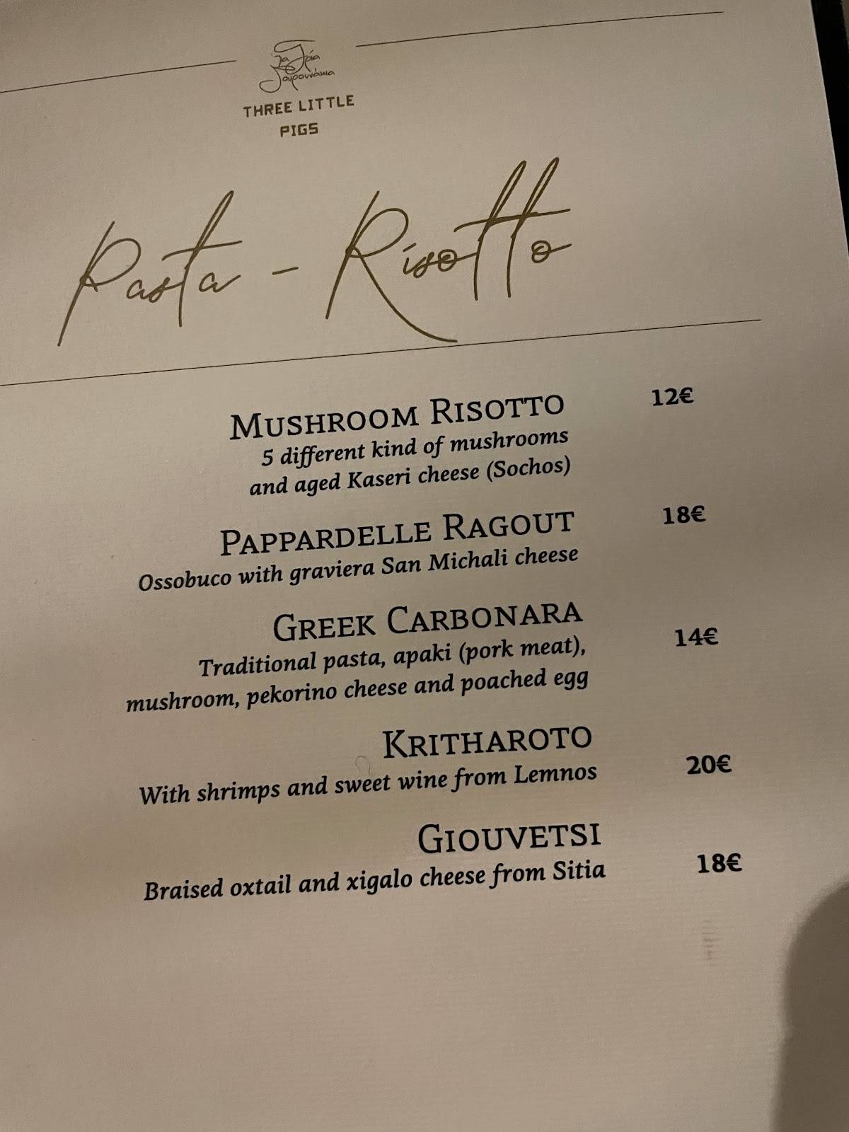 Menu at Three Little Pigs, Thessaloniki