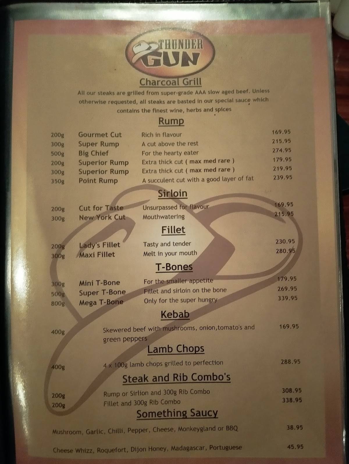 Menu at Thunder Gun restaurant, Johannesburg, 281 Beyers Naude Drive ...
