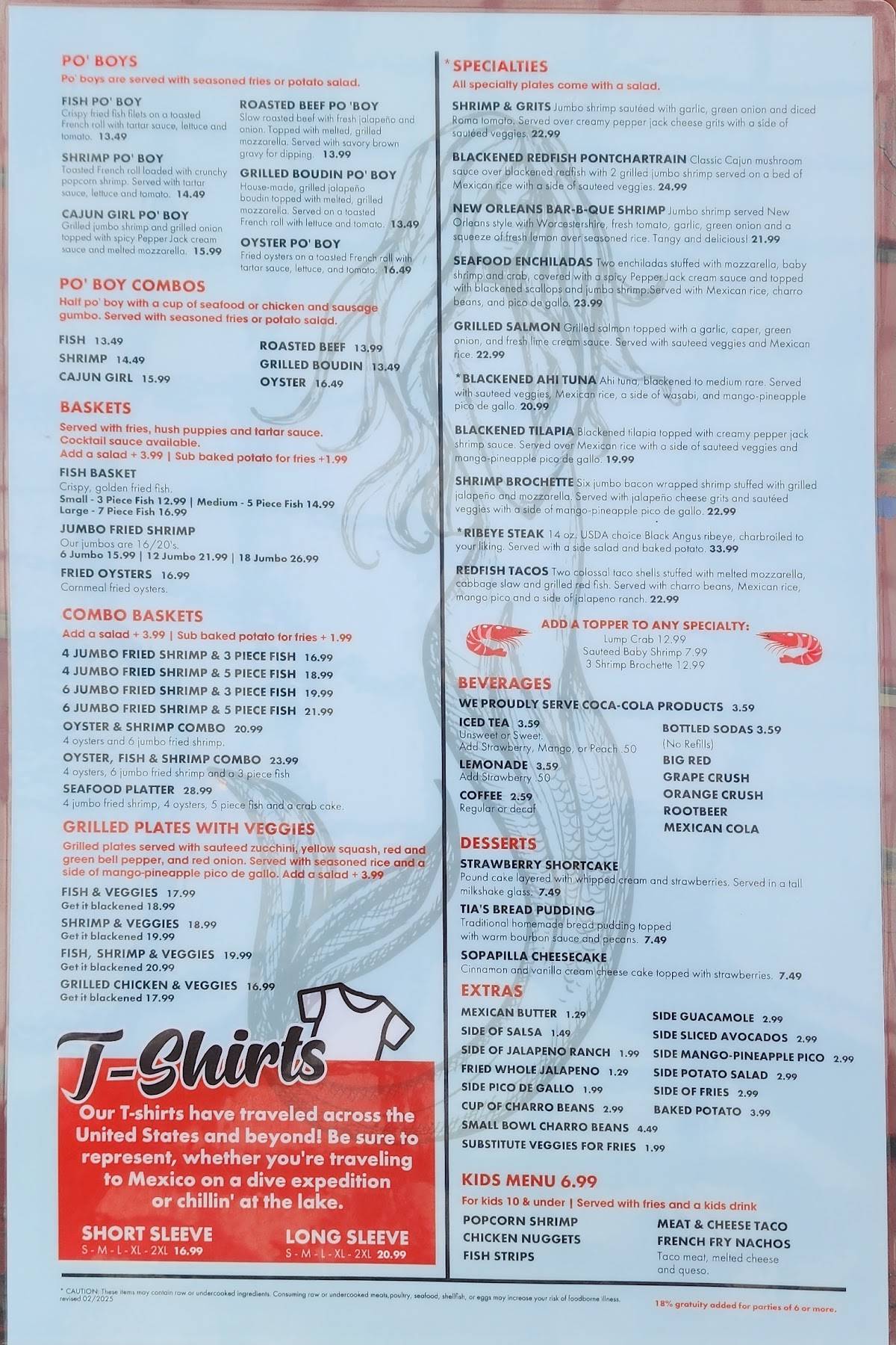 Menu at Tia Juanita's Fish Camp restaurant, Winnie