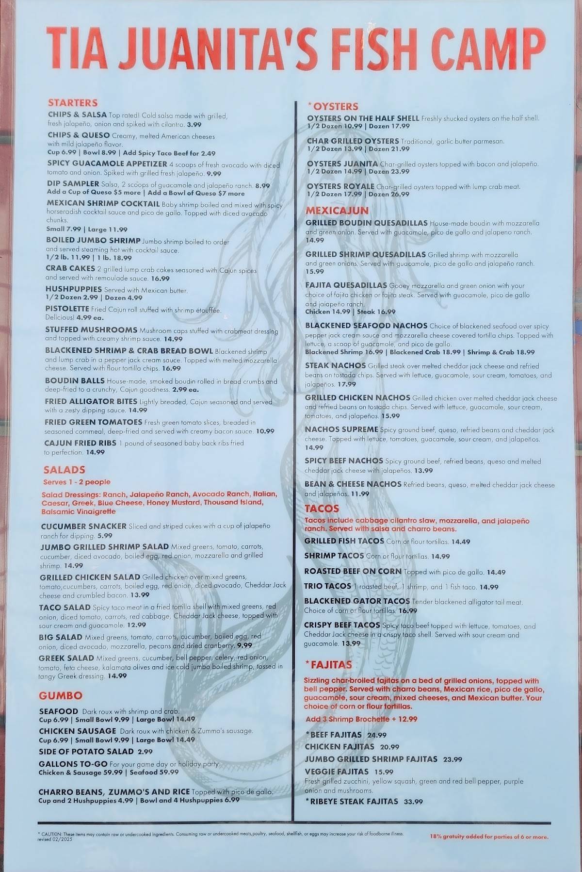 Menu at Tia Juanita's Fish Camp restaurant, Winnie