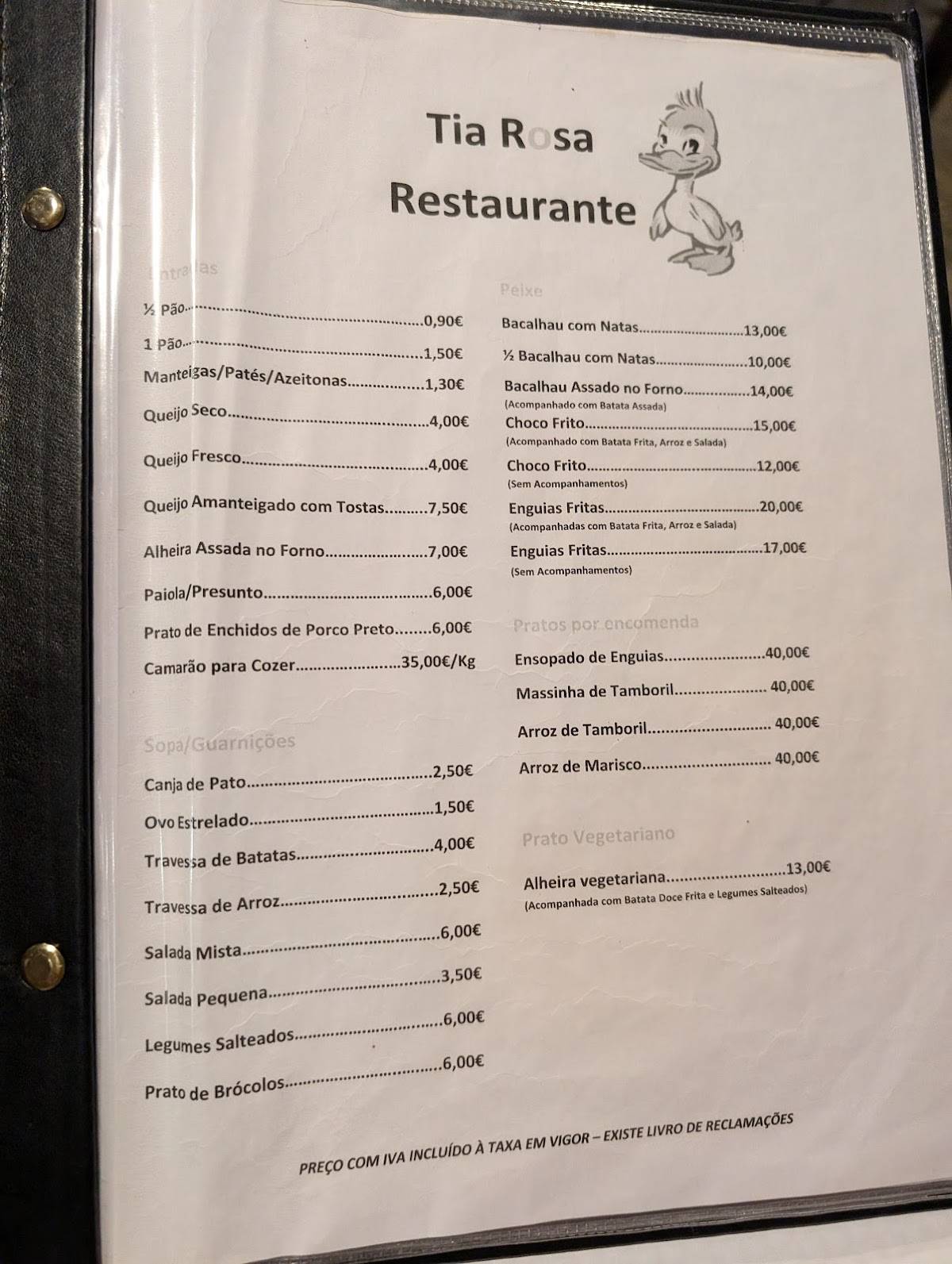 Menu at Tia Rosa restaurant, Melides, Fontainhas do mar